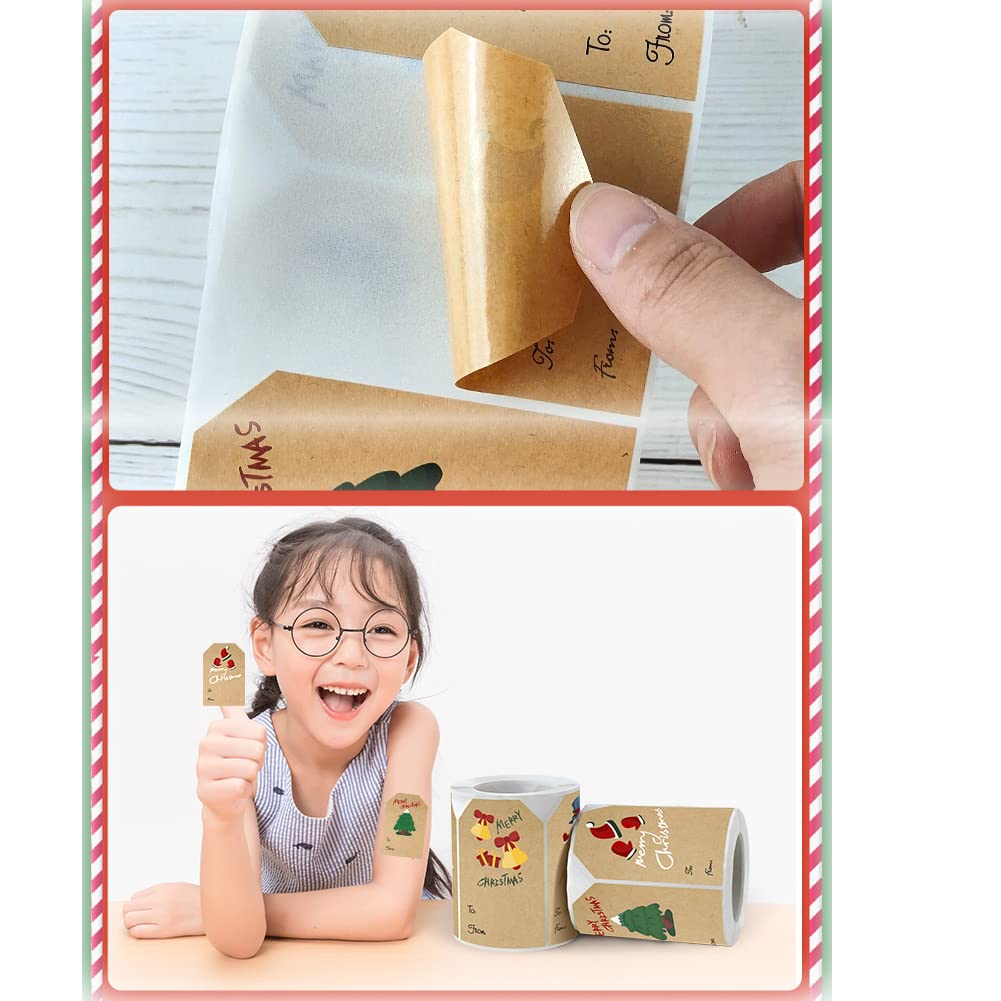 LNALAT 250pcs Kraft Christmas Stickers, 6 Styles Designs Merry Christmas Bell Handmade Sticker Roll for Christmas, Decoration Labels for Bags, Envelopes, Bubble mailers & Boxes
