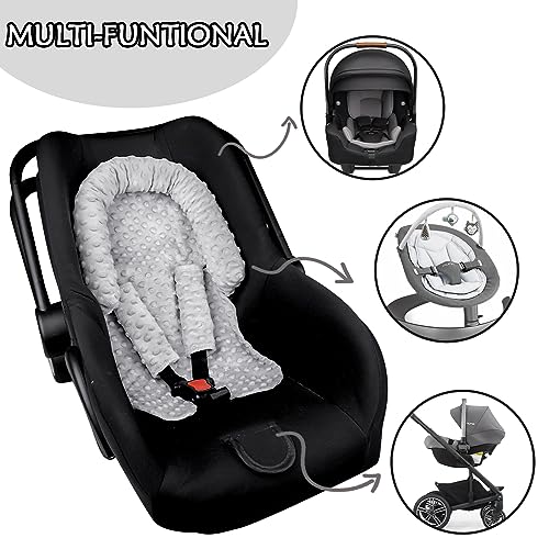 Jundetye Car Seat Head Support Infant, Baby Head Support with Strap Covers for Boys Girls, Infant Car Seat Insert, Soft Minky Carseat Headrest for Strollers, Grey