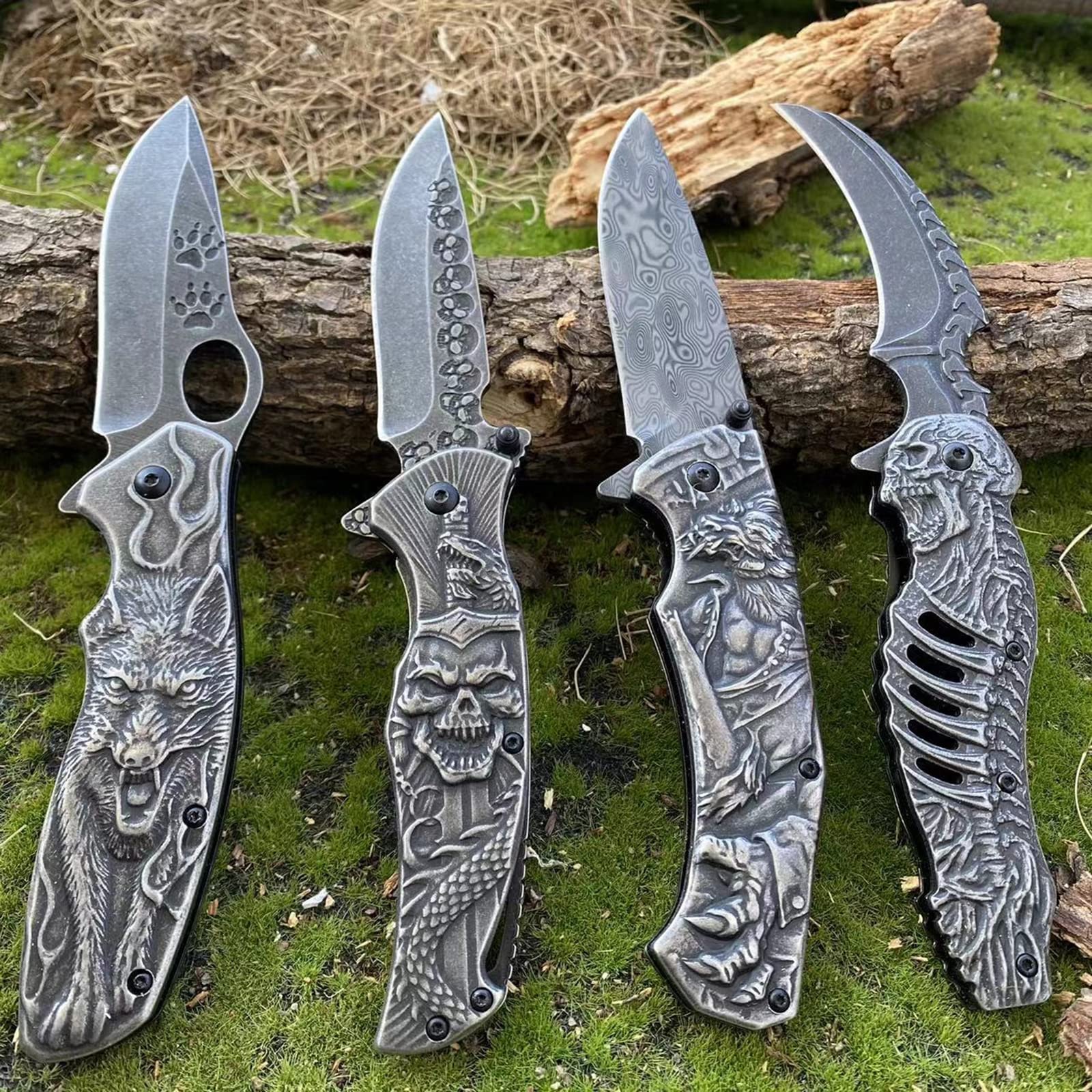 HOLYEDGE 7.8-in Tactical Folding Pocket Knife with 3.3-in Gold Mirror Blade, 3D Skull Handle, with Pocket Clip, Liner Lock and Auxiliary Opening for Outdoor Camping Survival Knives
