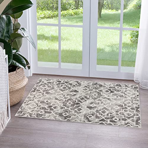 Wonnitar Moroccan Washable Area Rug - Small 2x3 Grey Distressed Entryway Rug Non-Slip Doormat Modern Geometric Trellis Throw Rug Faux Wool Floor Carpet for Bathroom Laundry Room Indoor Office