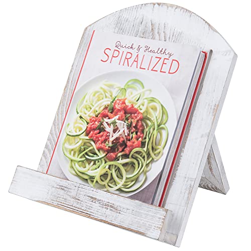 MyGift Shabby Whitewashed Wood Cookbook Holder Stand, Countertop Recipe Book Binder iPad Tablet Holder with Kickstand