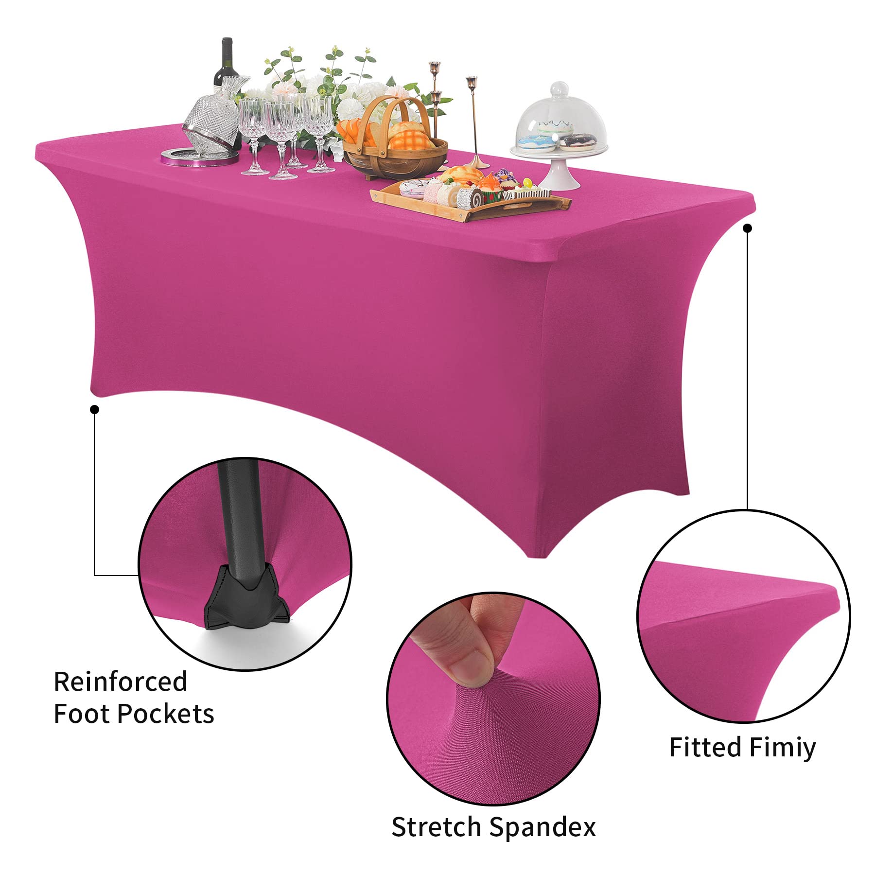 Indoor-Beauty Spandex Tablecloth 6FT Stretch Table Cover Fitted Rectangular Tables, Universal Stretch Patio Table Cloth for Wedding, Banquet, Party and Event(Fuchsia, 6FT