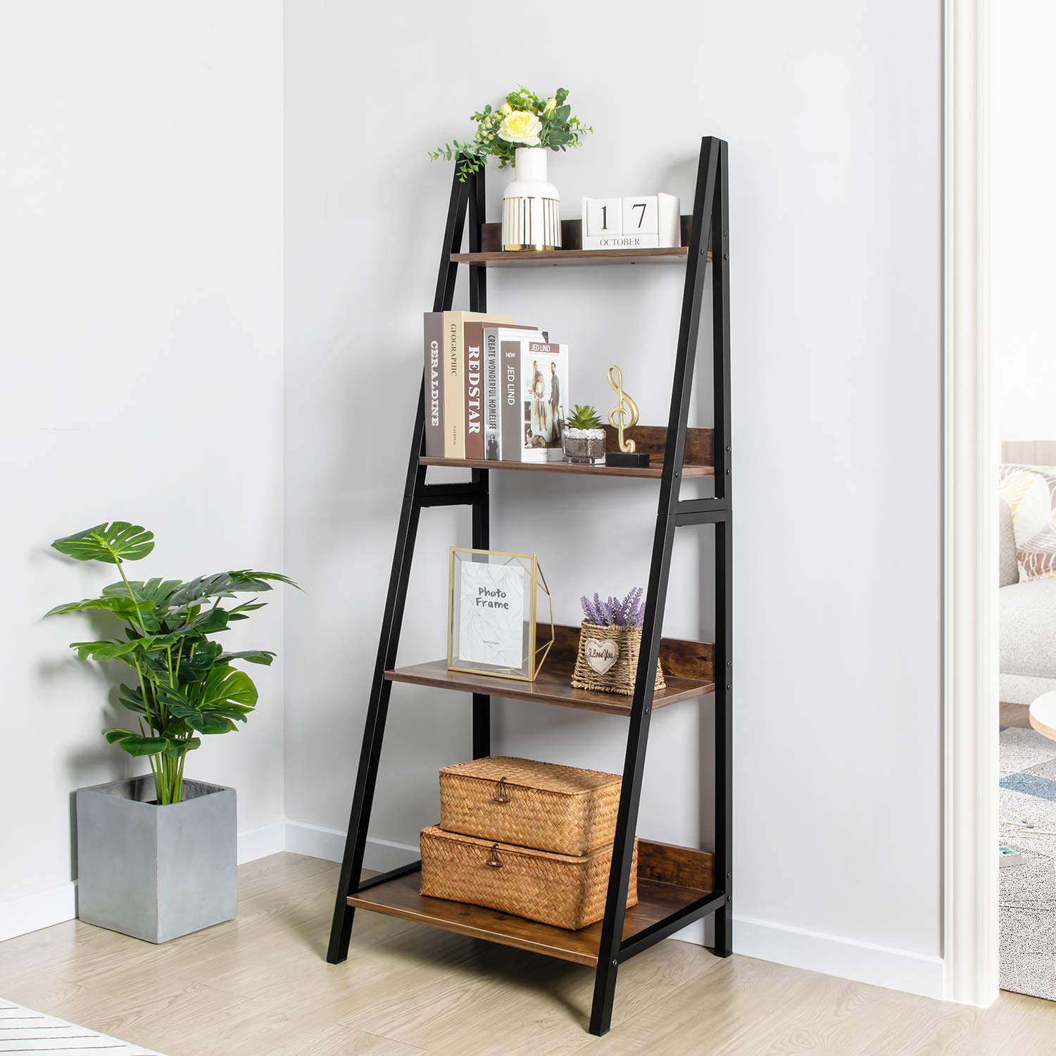 GreenForest Ladder Shelf 4 Tier Bookshelf Industrial Bookcase Storage Rack Shelves for Living Room, Home Office, Brown