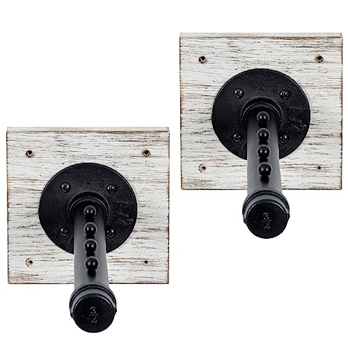 MyGift Wall Mounted Shabby White Washed Wood and Industrial Matte Black Metal Pipe Valet Bar, Clothing Hanger Rack with 4 Garment Hanging Hooks, Set of 2