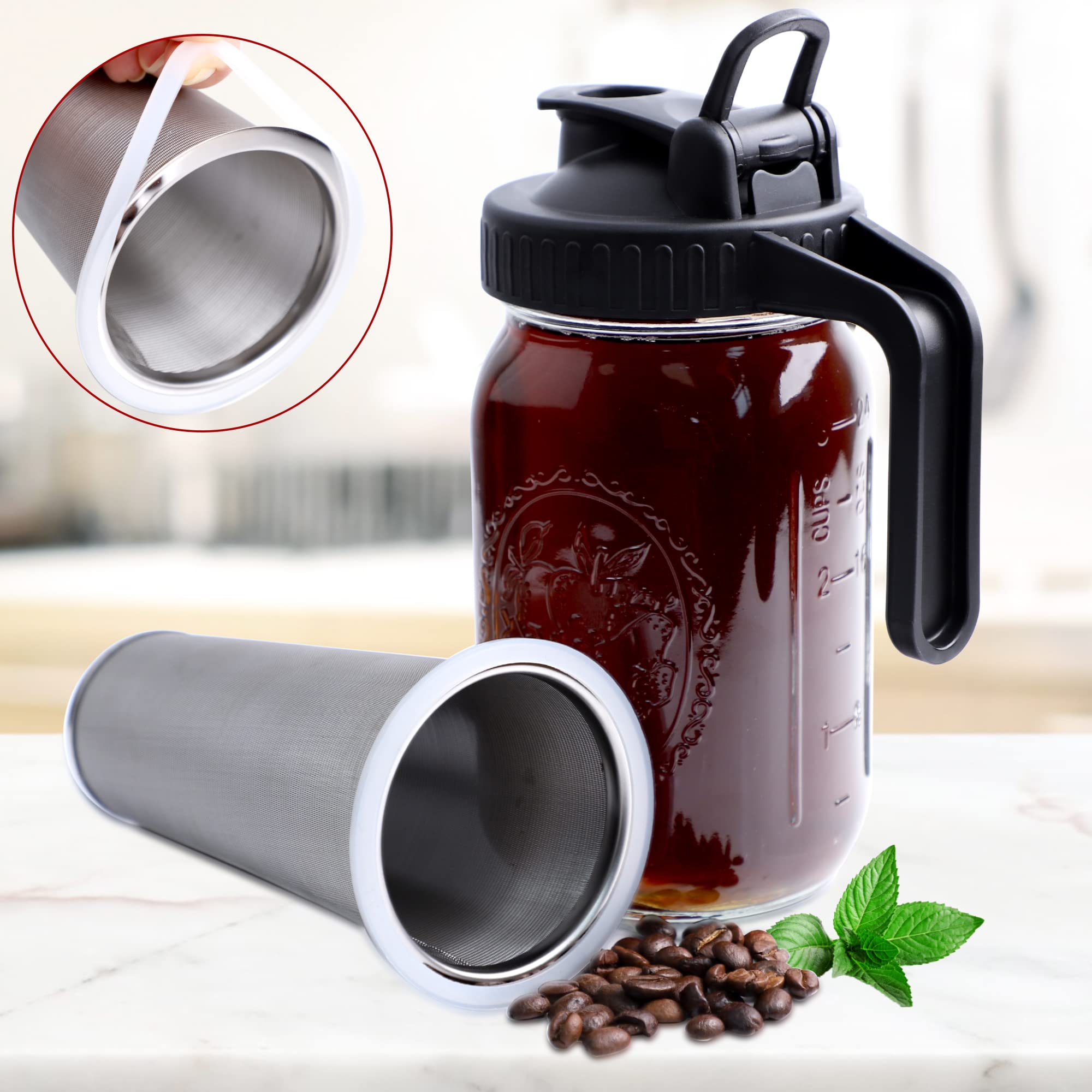 GMSWEET Cold Brew Mason Jar Coffee Maker 64 Oz Wide Mouth Mason Cold Brew Pitcher With Coffee Filter Airtight & Leak-Proof For Coffee, Iced Tea