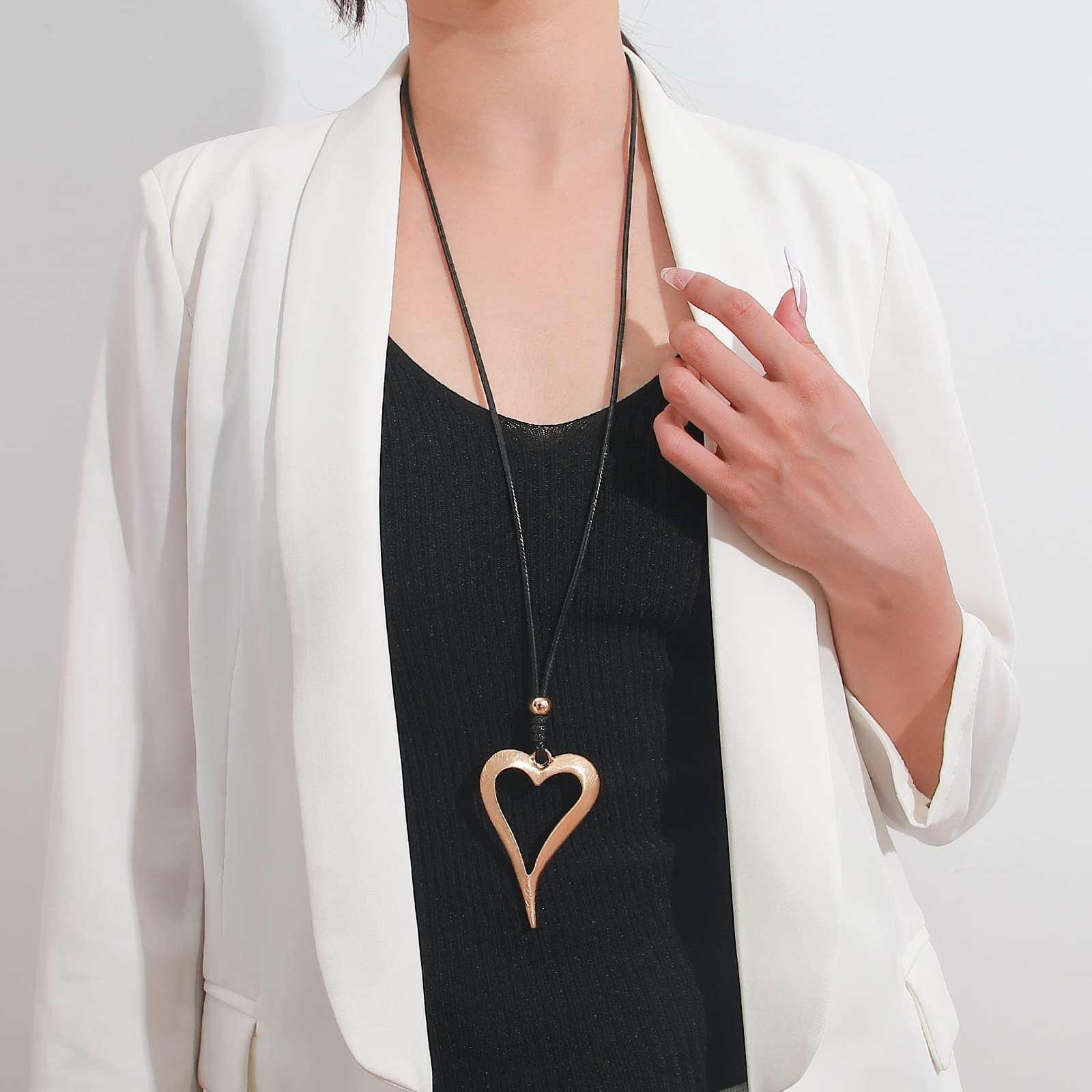 Gold Color Large Abstract Hollow Heart Pendant Collares Long Black Leather Statement Necklace Jewelry Gift for Women