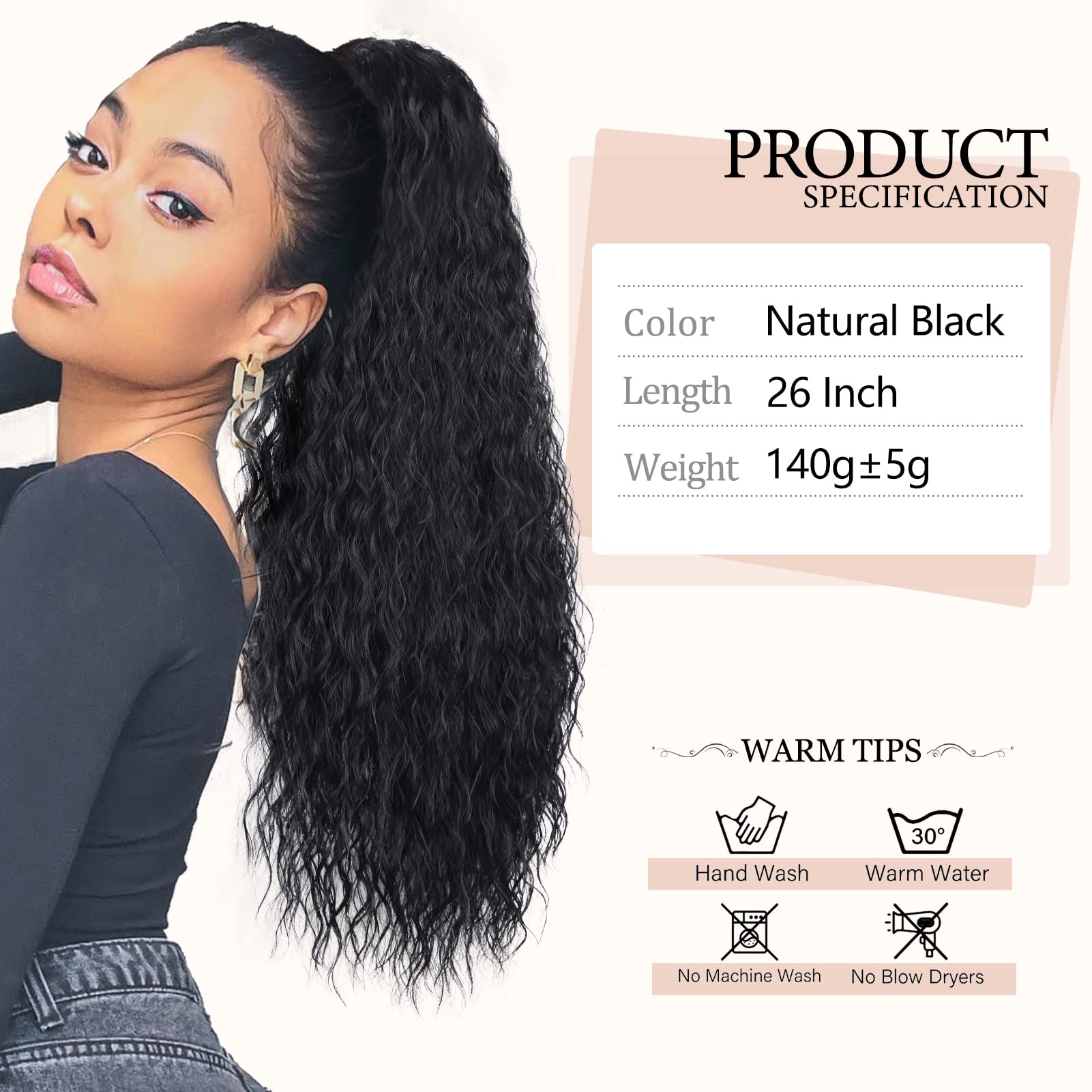 LNERATO Long Curly Drawstring Ponytail for Women 26" Black Curly Ponytail Hair Extension Synthetic Clips in Drawstring Ponytail for Daily Use (Natural Black)