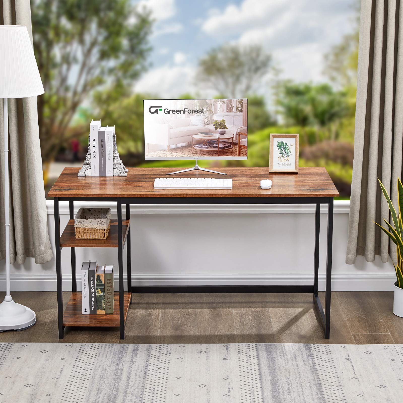 GreenForest Office Desk with 2-Tier Storage Shelves 47 inch Computer Desk Modern PC Laptop Workstation Study Working Writing Desk, Walnut