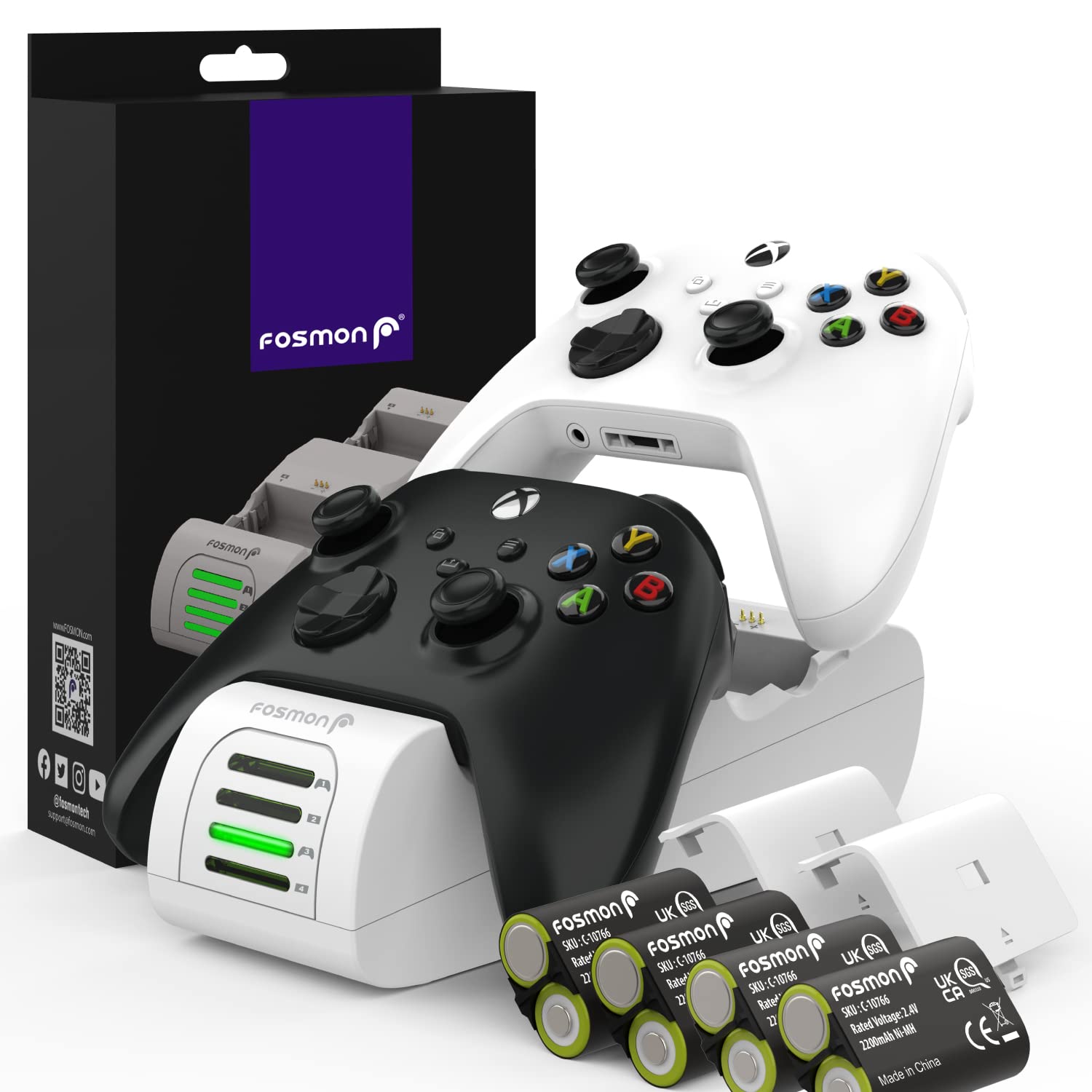 Fosmon Quad Pro 2 Max Charging Station for Xbox Series X/S, Xbox One, Xbox One X Controllers (4X 2200mAh Rechargeable Battery Packs, 4 Battery Plates, and 4ft USB-C Charging Cable) – White