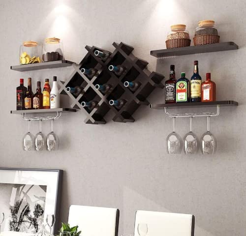 Gdrasuya10 Wall Mounted Wine Racks Shelves, Set of 5 Wine Storage Display Rack Wooden Wine Bottle Shelf Set with Glass Holder Multifunctional Rack (1 Wine Rack & 4 Shelves) Black