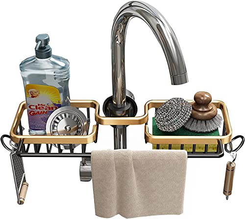 Gloserin Sponge Holder for Kitchen Sink,Adjustable Detachable Sponge Holder Over Faucet,Faucet Rack for Kitchen,Sink Caddy Sponge Holder,Kitchen Sink Organizer(Double with Dishcloth Rack, Gold)
