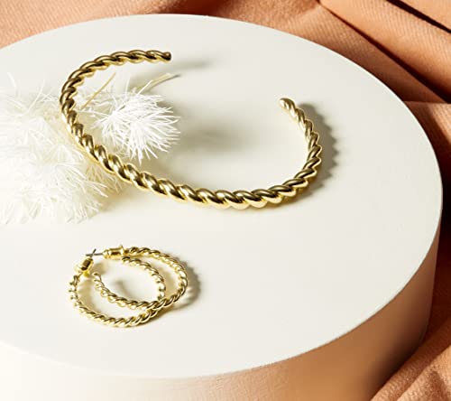 PAVOI Rhodium Plated Twisted Chunky Bangle Bracelet | 14K Gold Plated | Lightweight Everyday Jewelry (7, White Gold)
