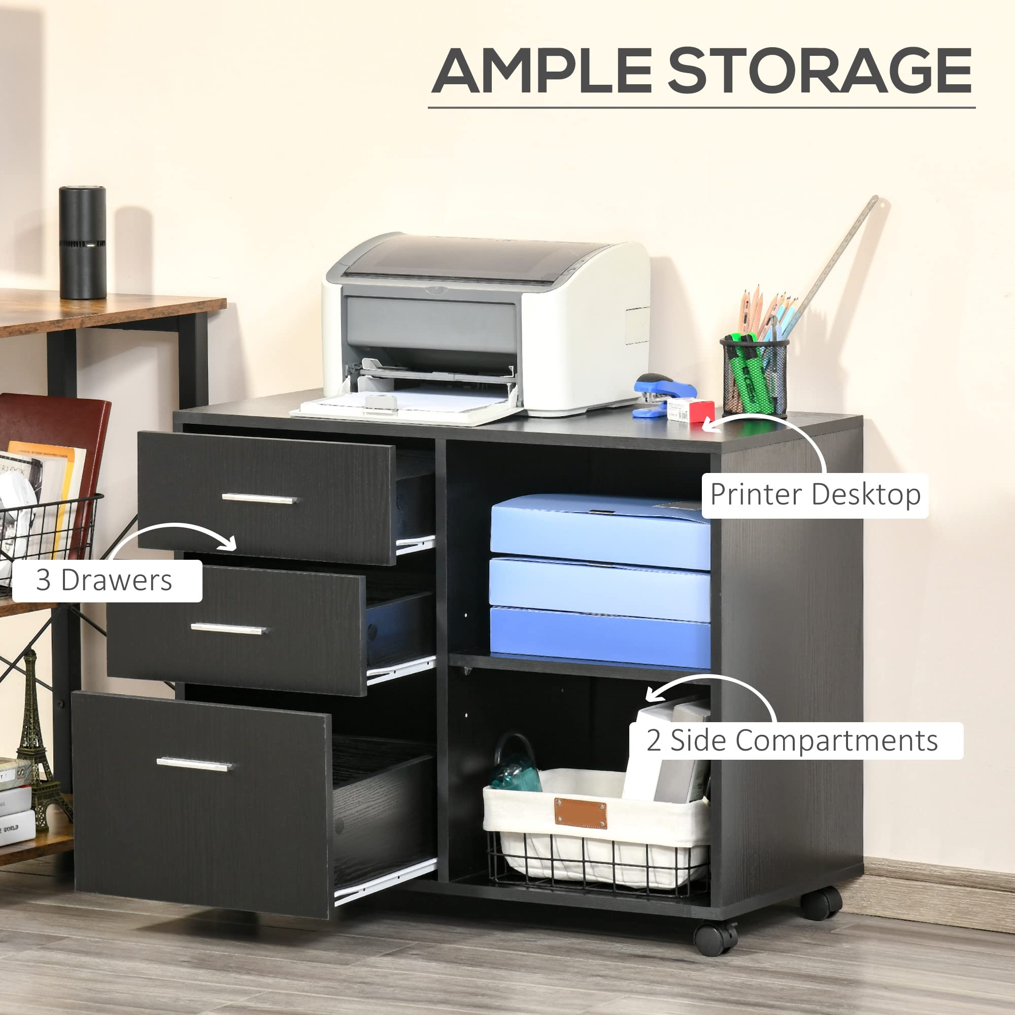 HOMCOM 3 Drawer Printer Stand, Mobile Office Cabinet with 2 Storage Shelves for Home Office, Black