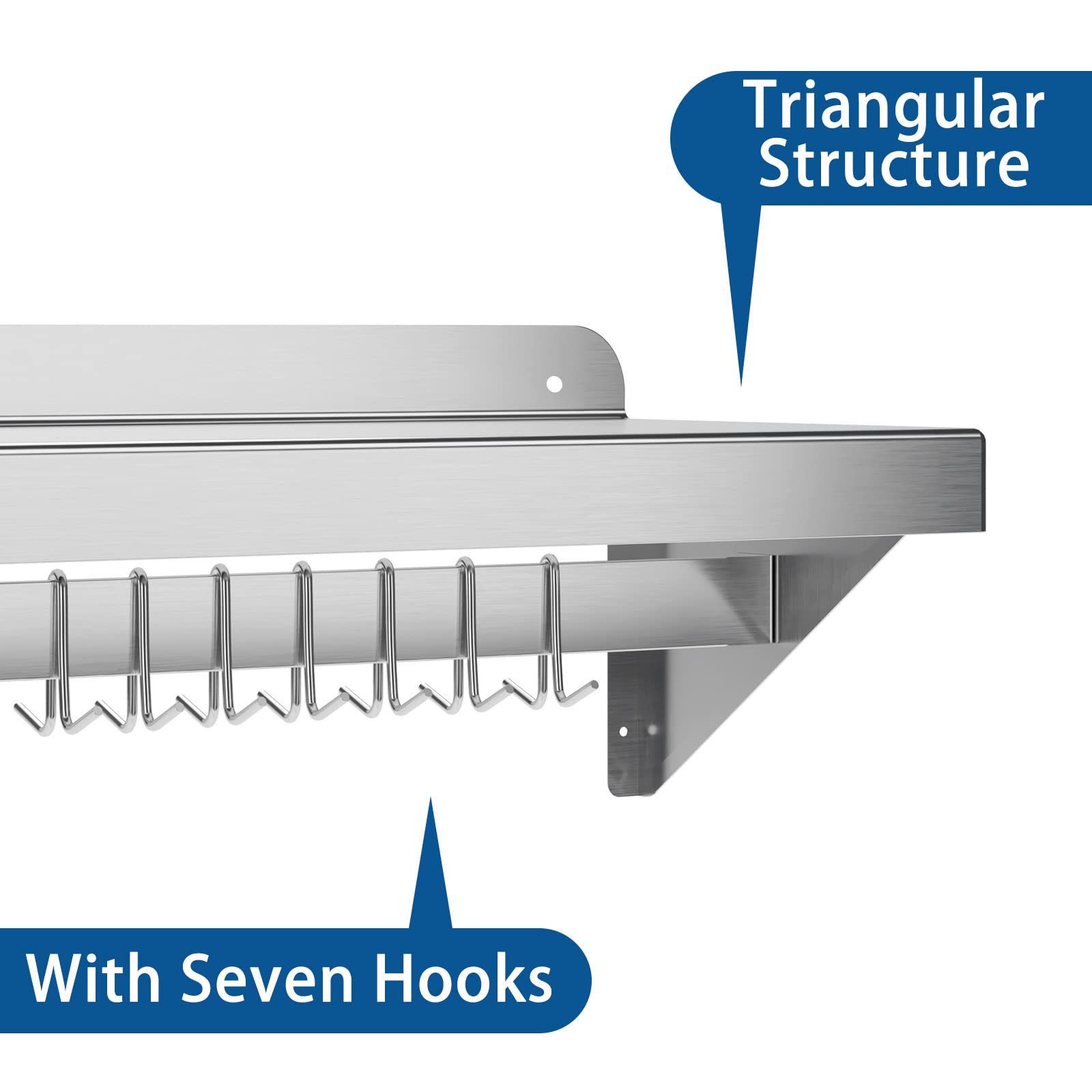 KIETLER 12" x 60" NSF Certified Stainless Steel Wall Mount Shelf - Multifunctional Metal Storage Rack with Backsplash and 7 Hooks