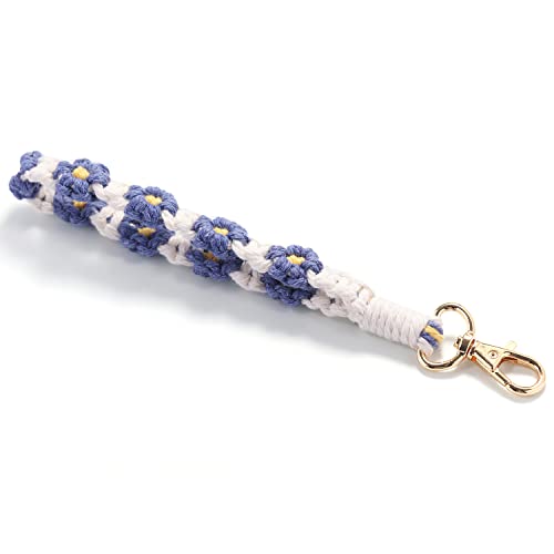 XGALBLA Cute Macrame Keychain Boho Handmade Wristlet Bracelet Keychain Floral Country style Wrist Lanyard Handmade Weave Exquisite Holder for Women(Blue)
