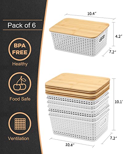 EOENVIVS Set of 6 Storage Baskets With Bamboo Lids, Plastic Storage Bins for Pantry Organization and Storage Containers for Shelves Drawers Desktop Closet Playroom Classroom Office Home, White