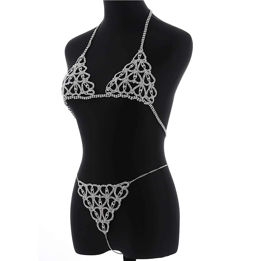 Evild Crystal Body Chain Silver Bikini Bra Chain Suit Beach Waist Belly Chain Crop Top Underwear Body Jewelry Accessories for Women