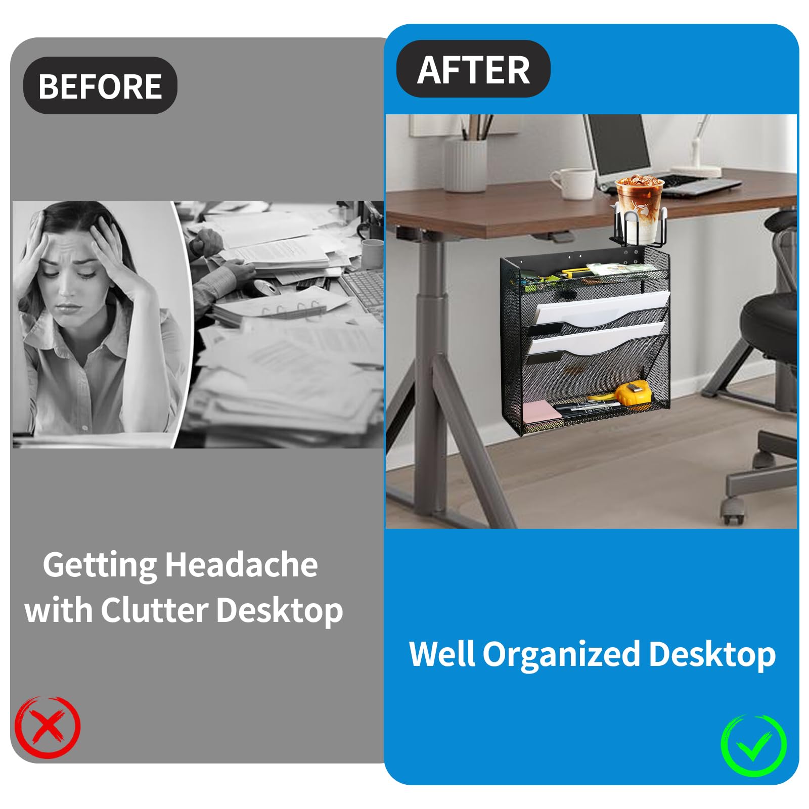 FIROK Rotating Under Desk File Holder with Cup Holder, Clamp on Under Table Drawer Hanging Desk Organizer desk shelf, Metal Document Folder Desk side storage for Office Supplies &Home Essentials