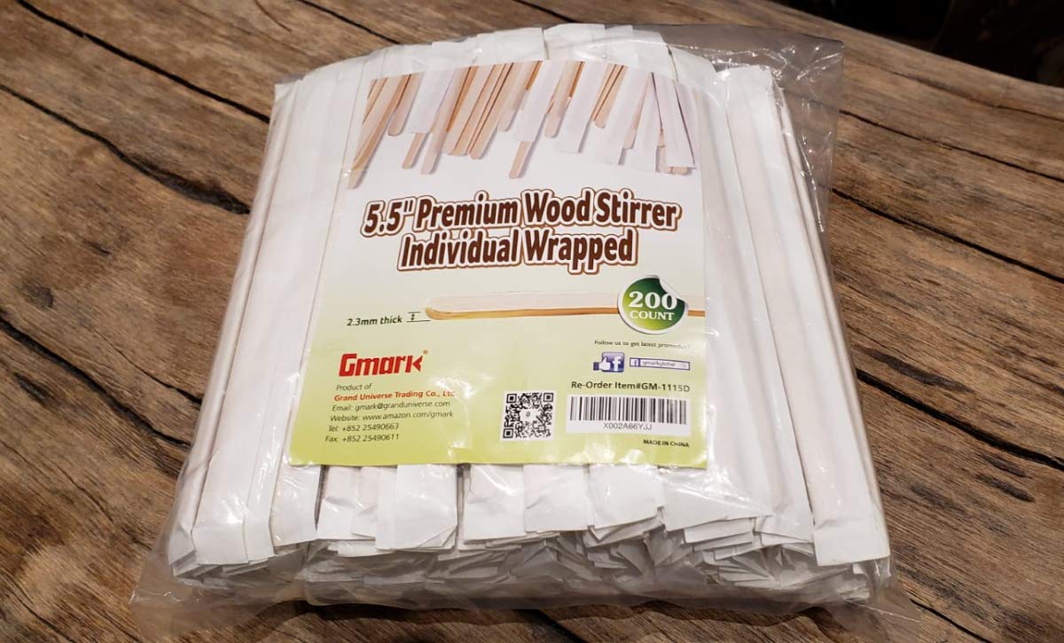 Gmark 5.5" Premium Wood Stirrer 2.3mm Thick Individual Wrapped 200 pc - Wood Coffee Stir Sticks for Tea Beverage, Corn Dog Stick Craft Stick 200/Bag GM1115D
