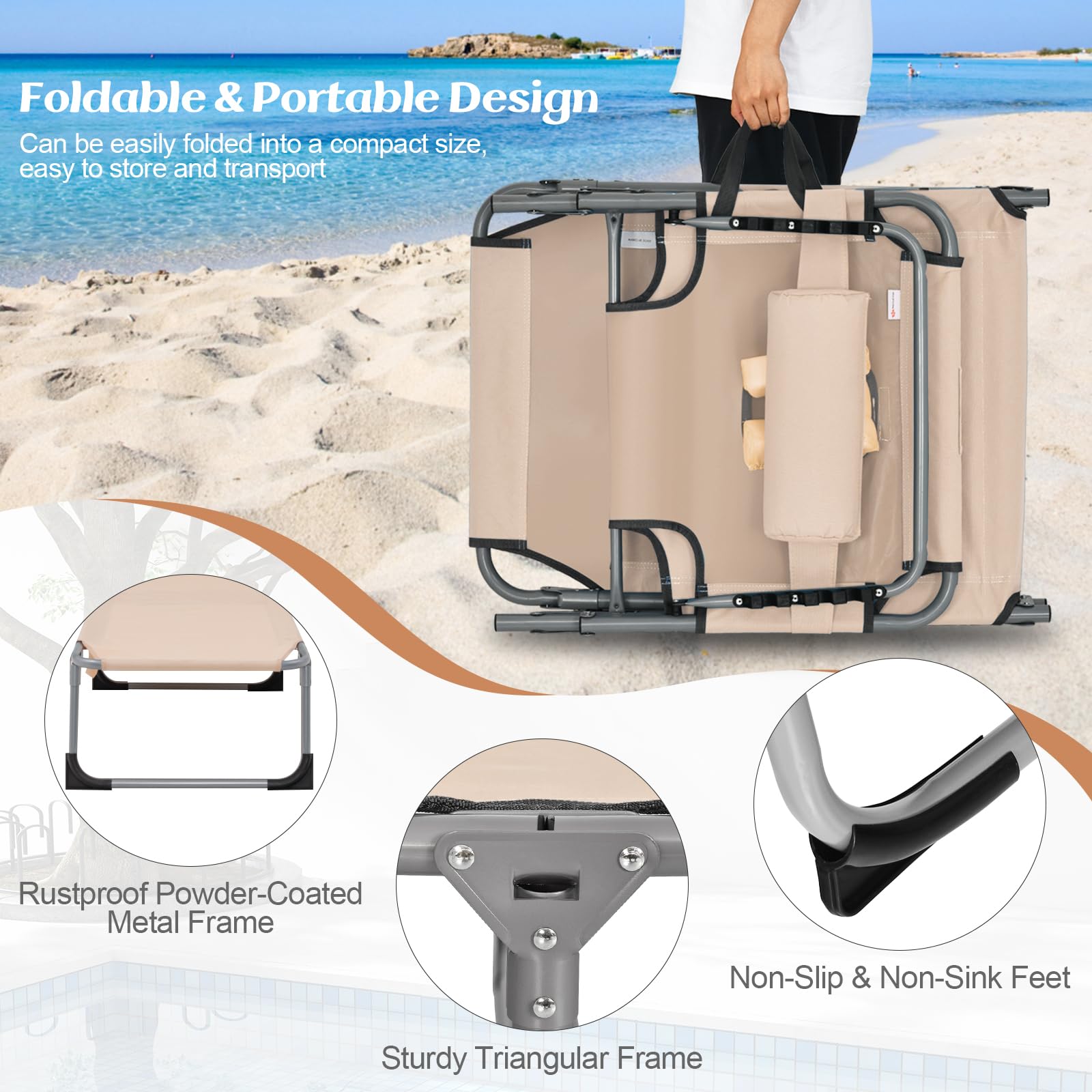 Moccha Folding Tanning Chair, Beach Lounger with Face Hole, 5-Position Adjustable Backrest, Side Pocket, Removable Pillow, Portable Bench Lounge Chairs for Outside Patio Pool Lawn (1, Beige)