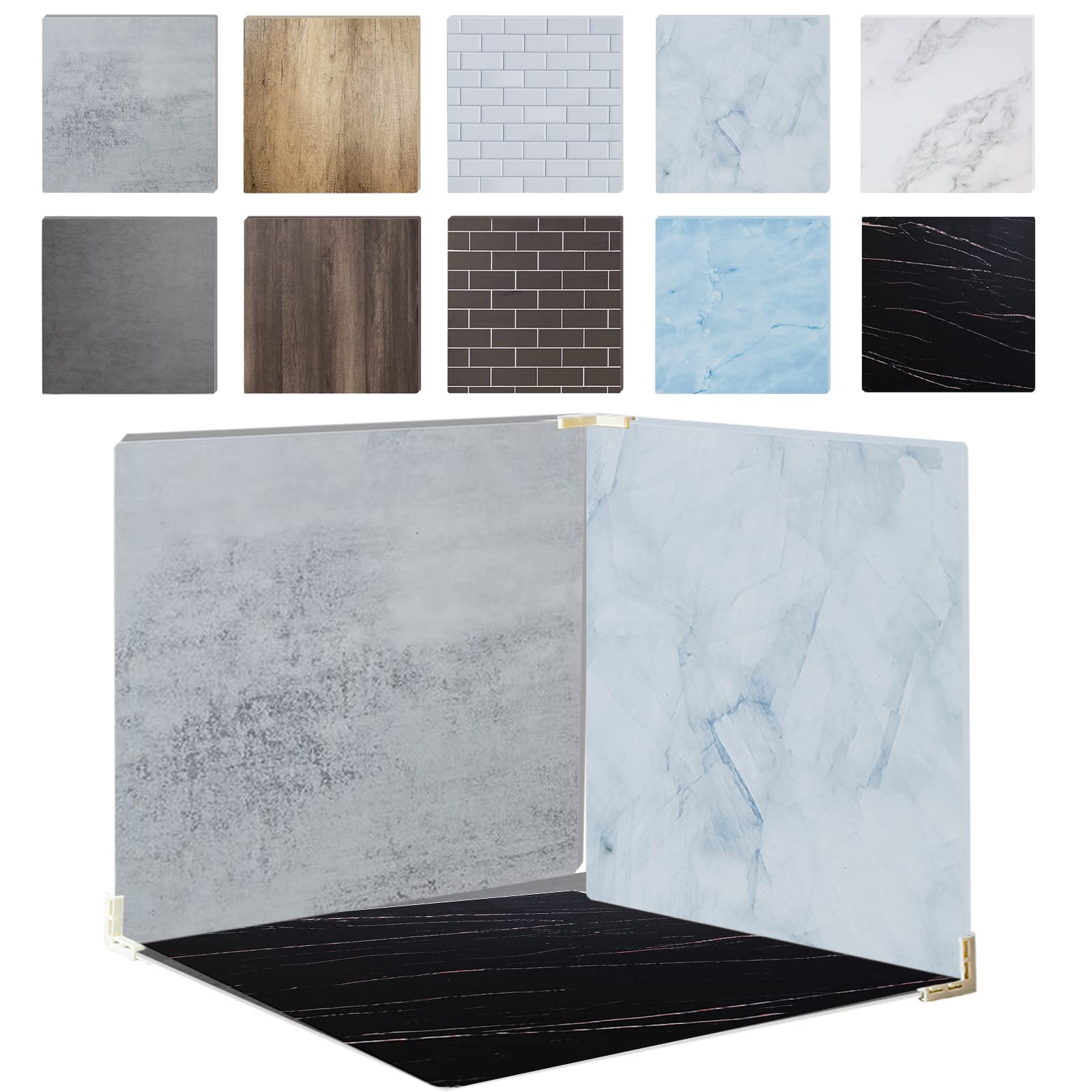 iProtech 5PCS 10Patterns Double Sided Photography Background Boards with 4 brakets, Waterproof Reusable 16x16in Cement/Marble/Wood/Brick Texture Photo Backdrop Props for Food Jewelry Cosmetics
