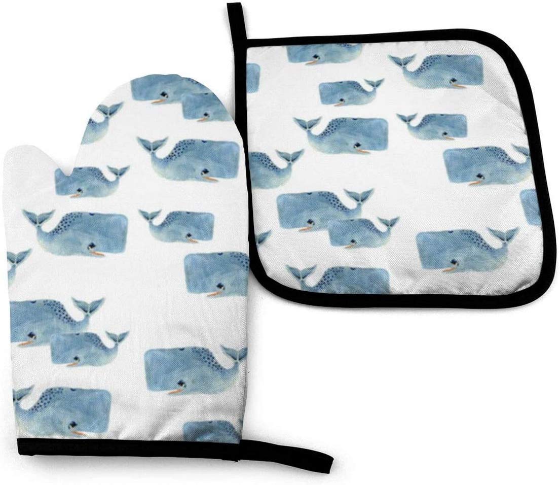 HENGE Whale Pod in Blue Oven Mitts and Pot Holders Sets of 2,Resistant Hot Pads,Flexible Cooking Oven Gloves for Microwave BBQ Cooking Baking Grilling
