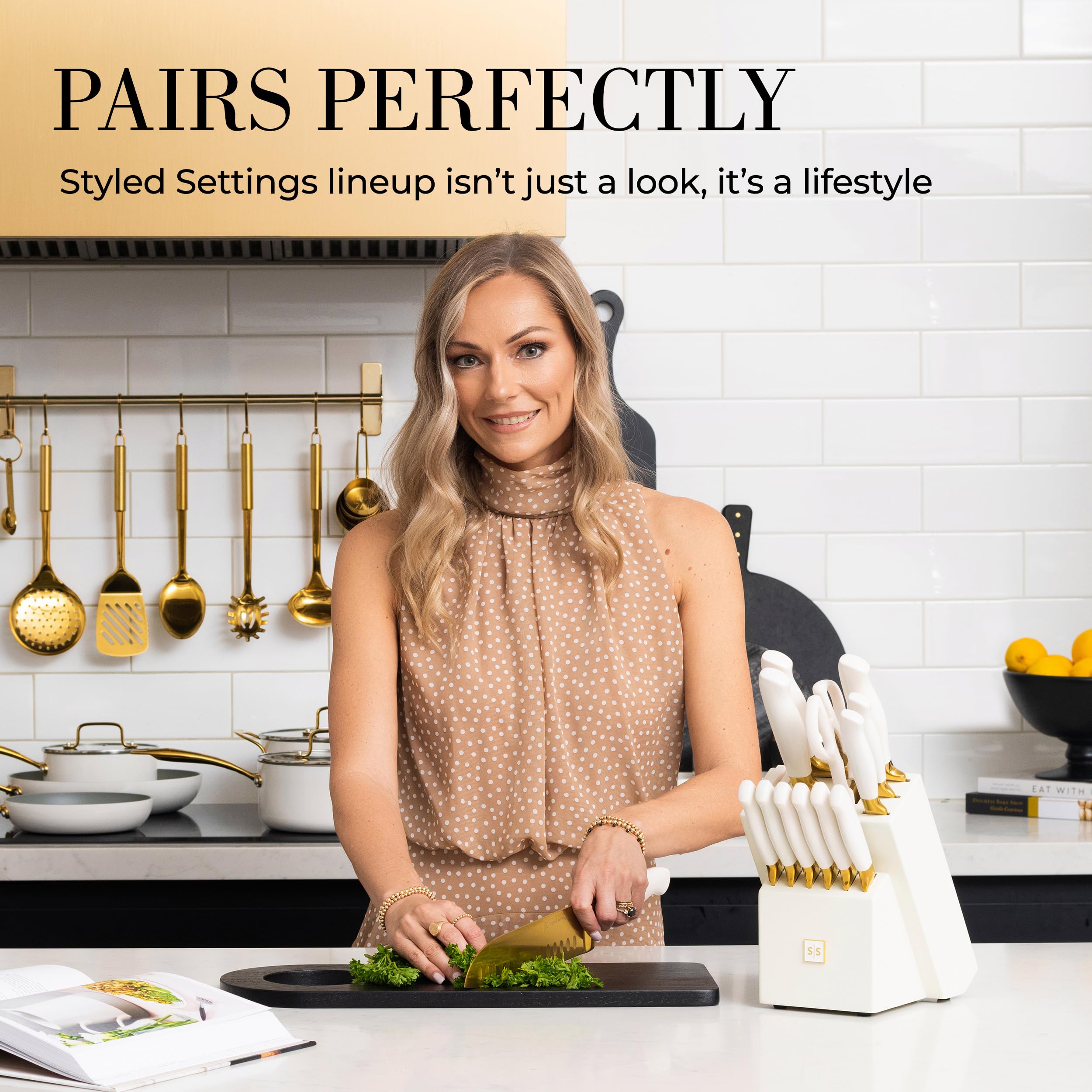 Gold Knife Set with Block Self Sharpening - 14 PC Luxurious Titanium Coated Gold and Off-White Kitchen Knife Set and White Knife Block with Sharpener, White and Gold Kitchen Accessories and Decor