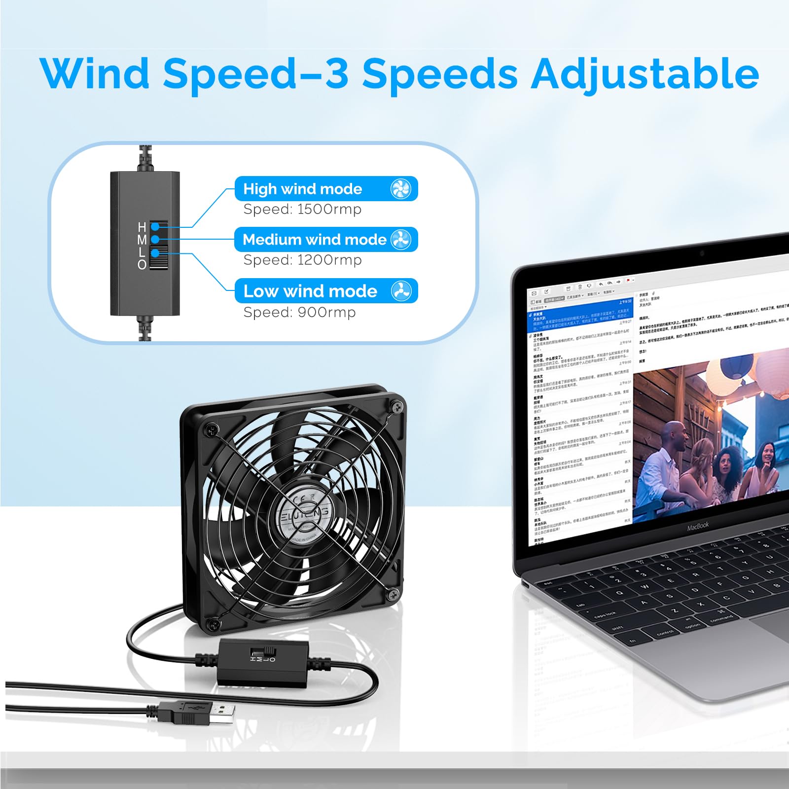 ELUTENG USB Cooling Fan 140mm Quiet USB Computer Fan 5V USB Ventilation Fan 3 Speed Control for Receiver DVR Playstation Xbox Computer Cabinet Cooling 140 x 140 x 25mm