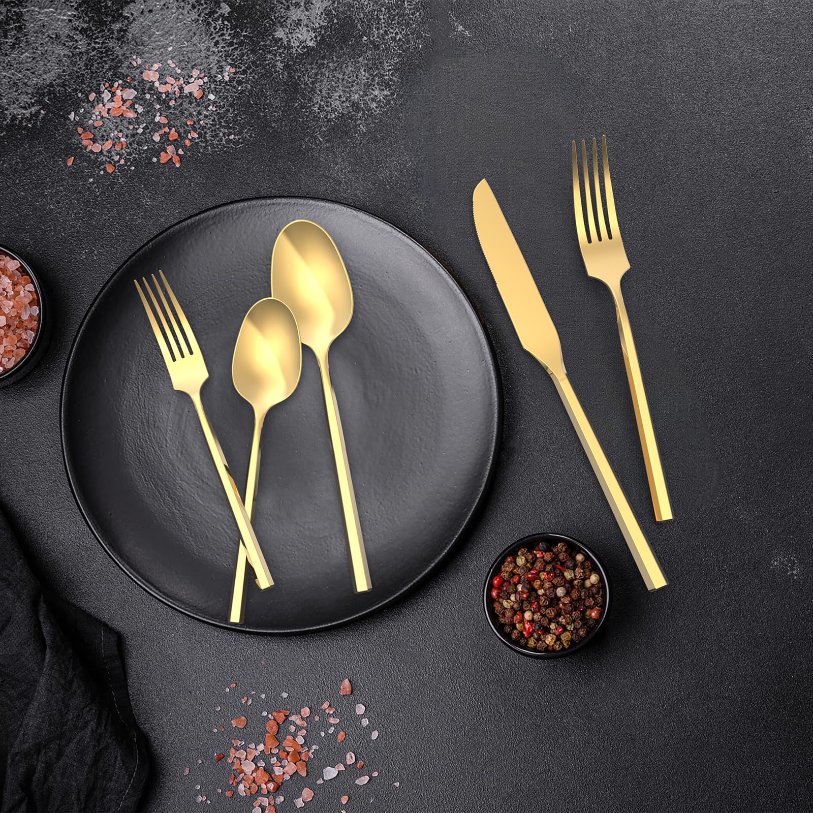 Kikbioee Gold 20 Piece Forged Stainless Steel Silverware Set, Hexagon Handle Flatware, Modern Mirror Finish Cutlery Set, Service for 4, Dishwasher Safe