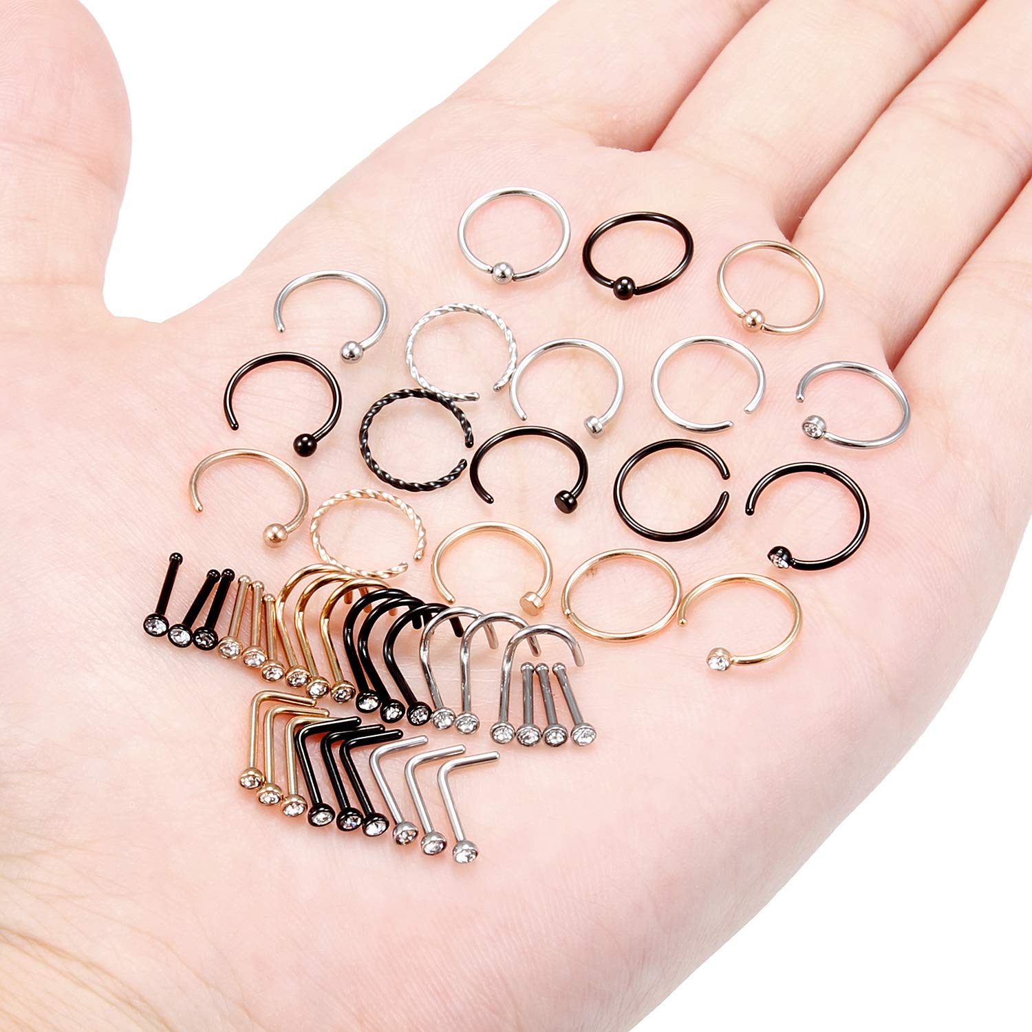 Ftovosyo 20g Nose Rings Studs Surgical Steel Nose Rings Hoop Piercing Jewelry for Women Men Set 45pcs Silver Rose Gold Black L Shaped Screw Nose Stud