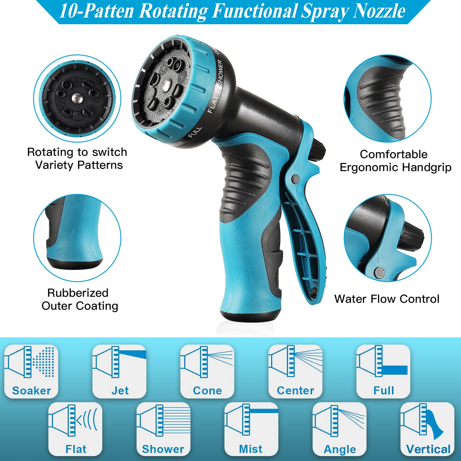 Juvoery 50FT Flexible Garden Hose - Water Garden Hose with 10 Function Nozzle, Lightweight Anti-kink Design for Outdoor Use, 3-Layer Latex and 3/4 Inch Solid Fittings (Blue)