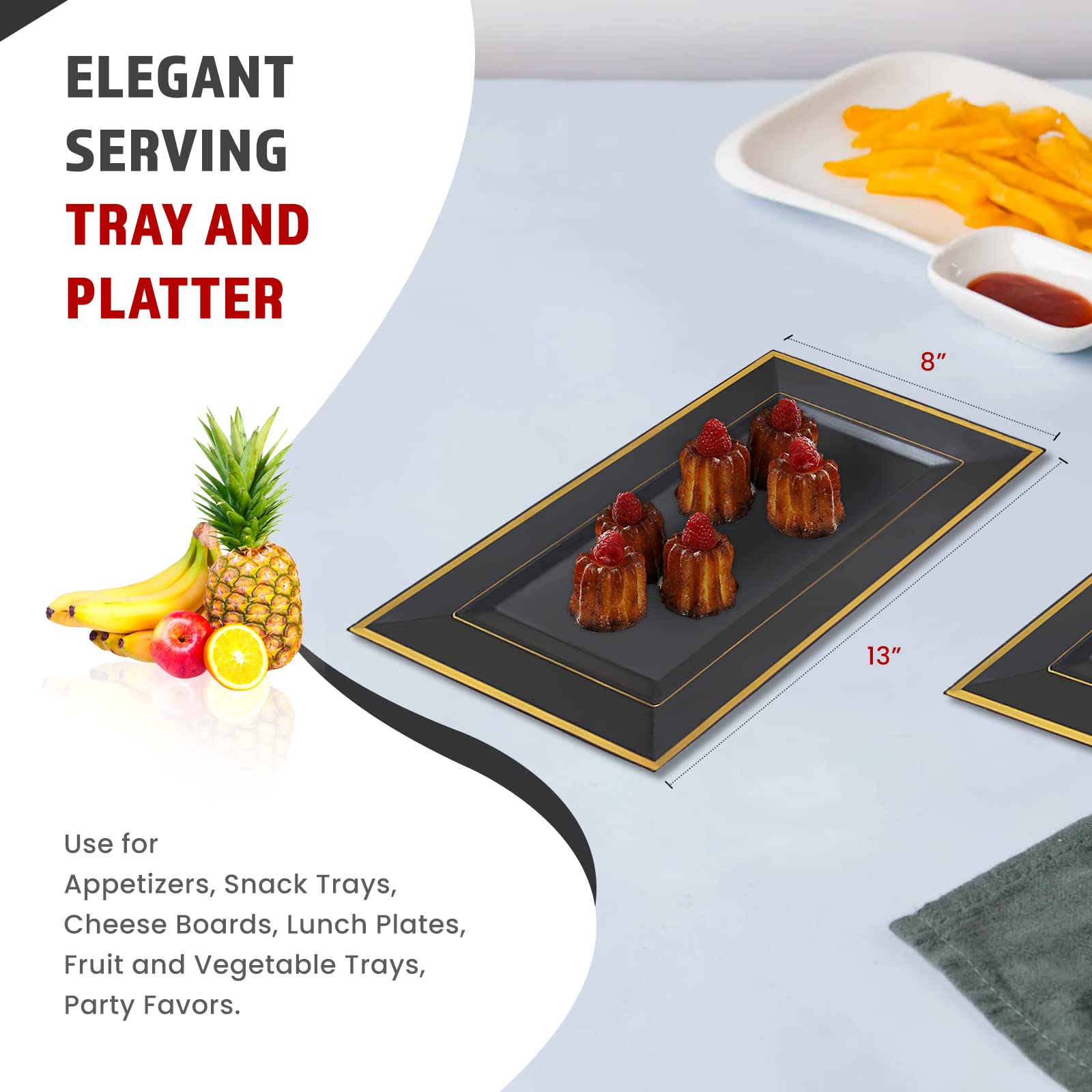 Hard Plastic Serving Tray Set, Black & Gold Rim Disposable Serving Trays & Platters for Food, Large Plastic Trays for Parties, Weddings, Food Trays for Cookies, Dessert, 8" x 13", 4 Pack