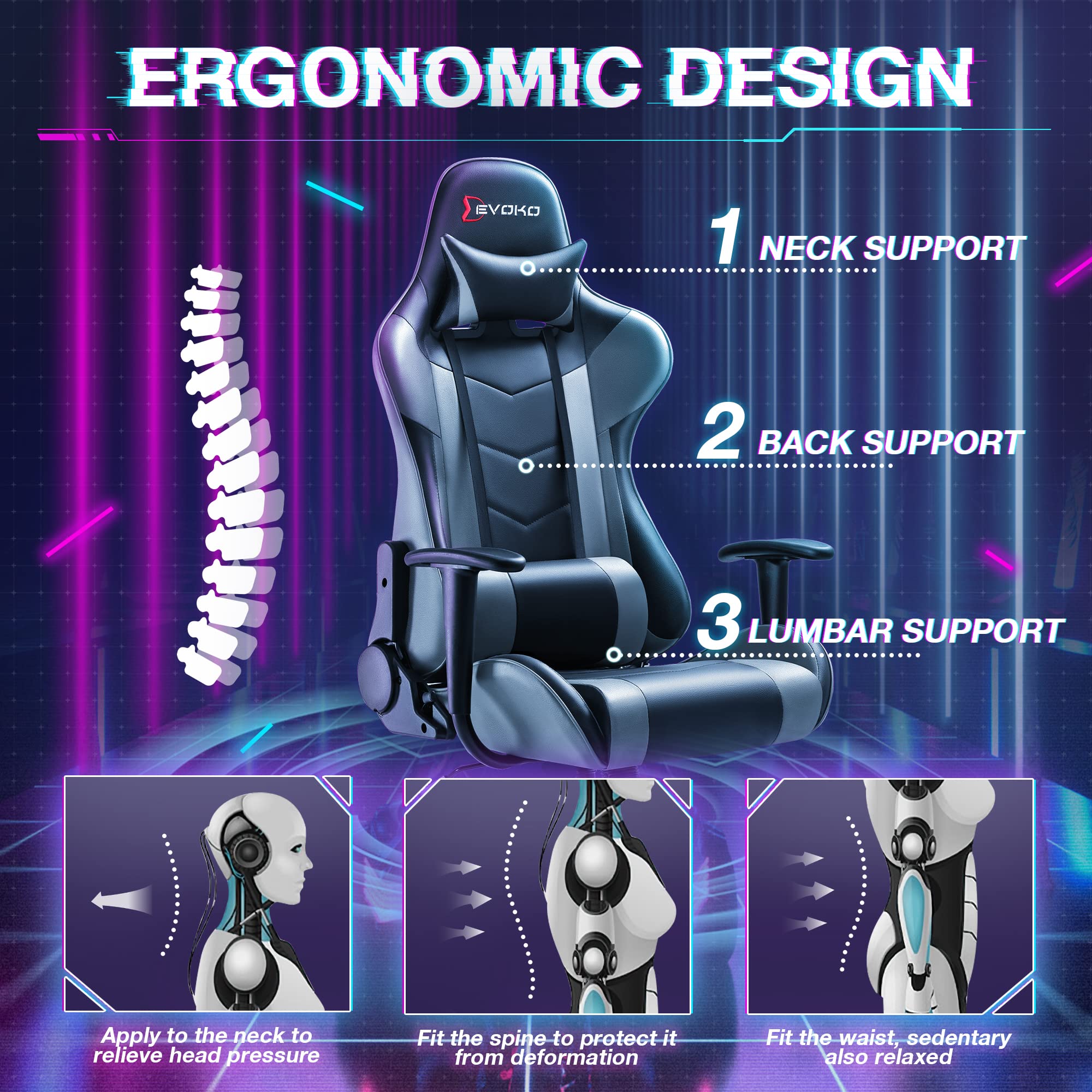Devoko Ergonomic Gaming Chair Racing Style Adjustable Height High Back PC Computer Chair with Headrest and Lumbar Support Executive Office Chair (Grey)