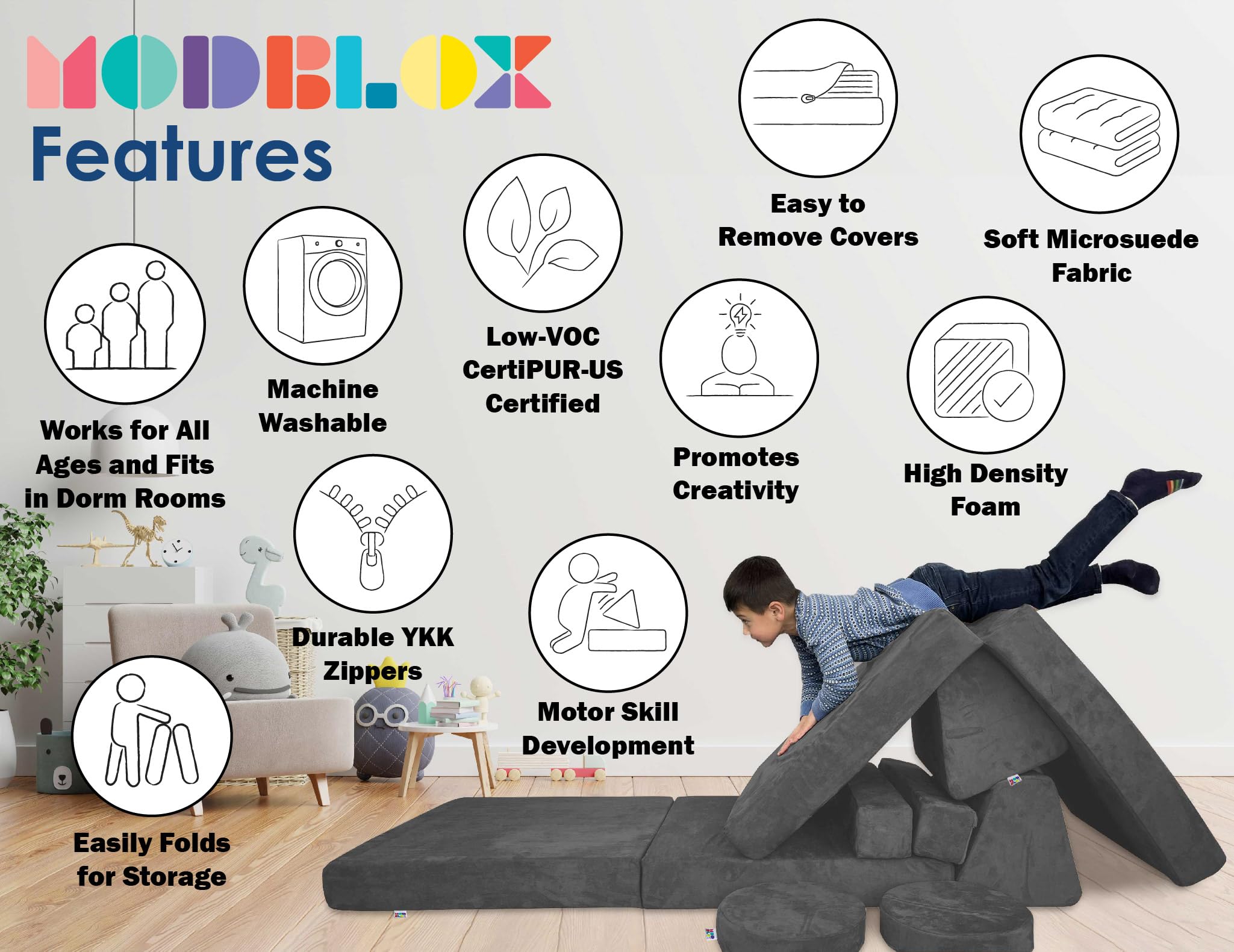 Mod Blox 10 Piece Soft Modular Kids Play Couch for Boys and Girls | Child Sectional Fort Building Sofa for Toddlers Playroom with Microsuede Covers + High Density Convertible Foam Cushions (Dark Gray)