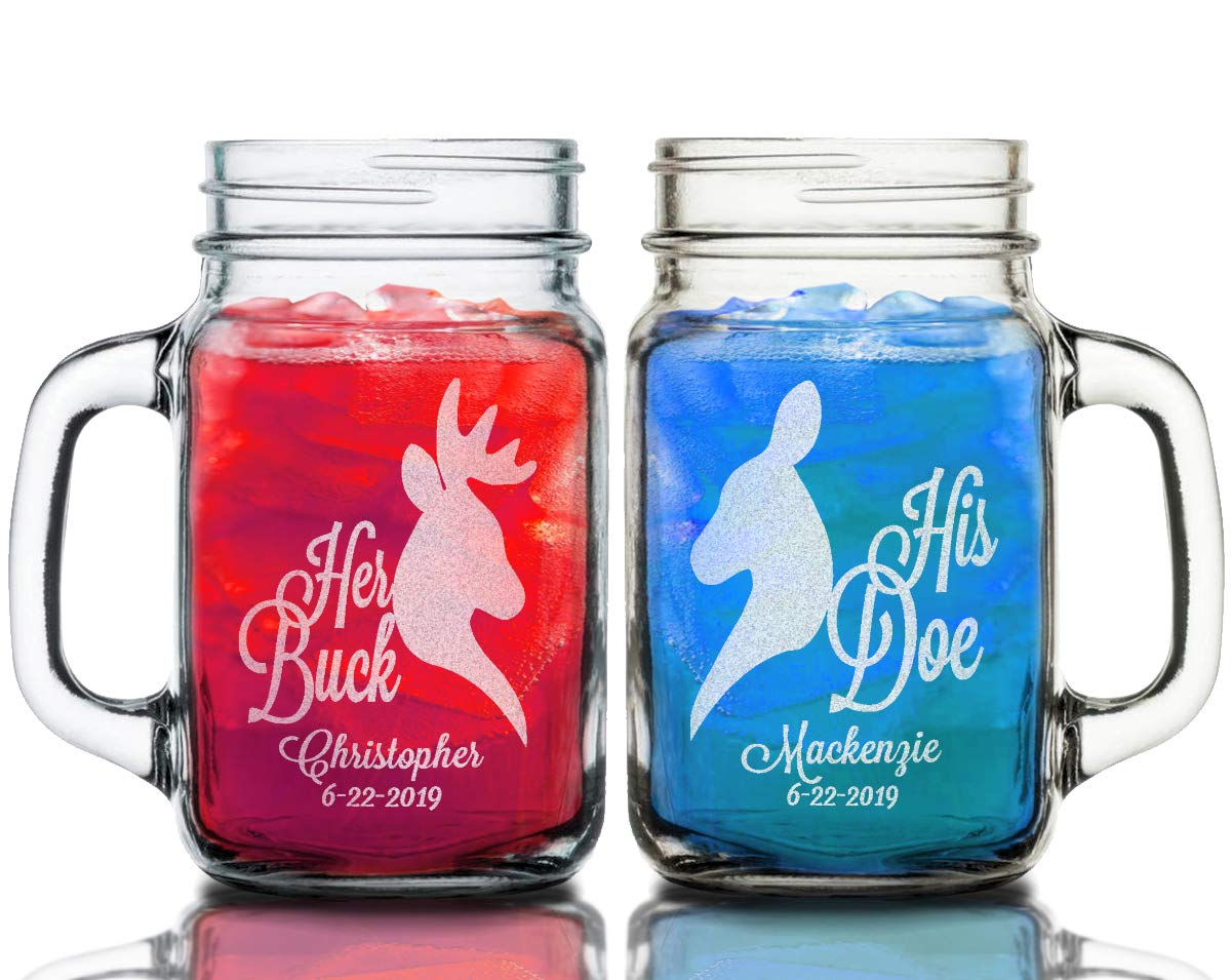 Her Buck His Doe Set of 2 Personalized Mason Jars Rustic Custom Etched for Wedding, Engagement Anniversary Bridal Party Gift of Favor for Newlyweds Couple Gift Idea Barn Wedding Hunting Theme