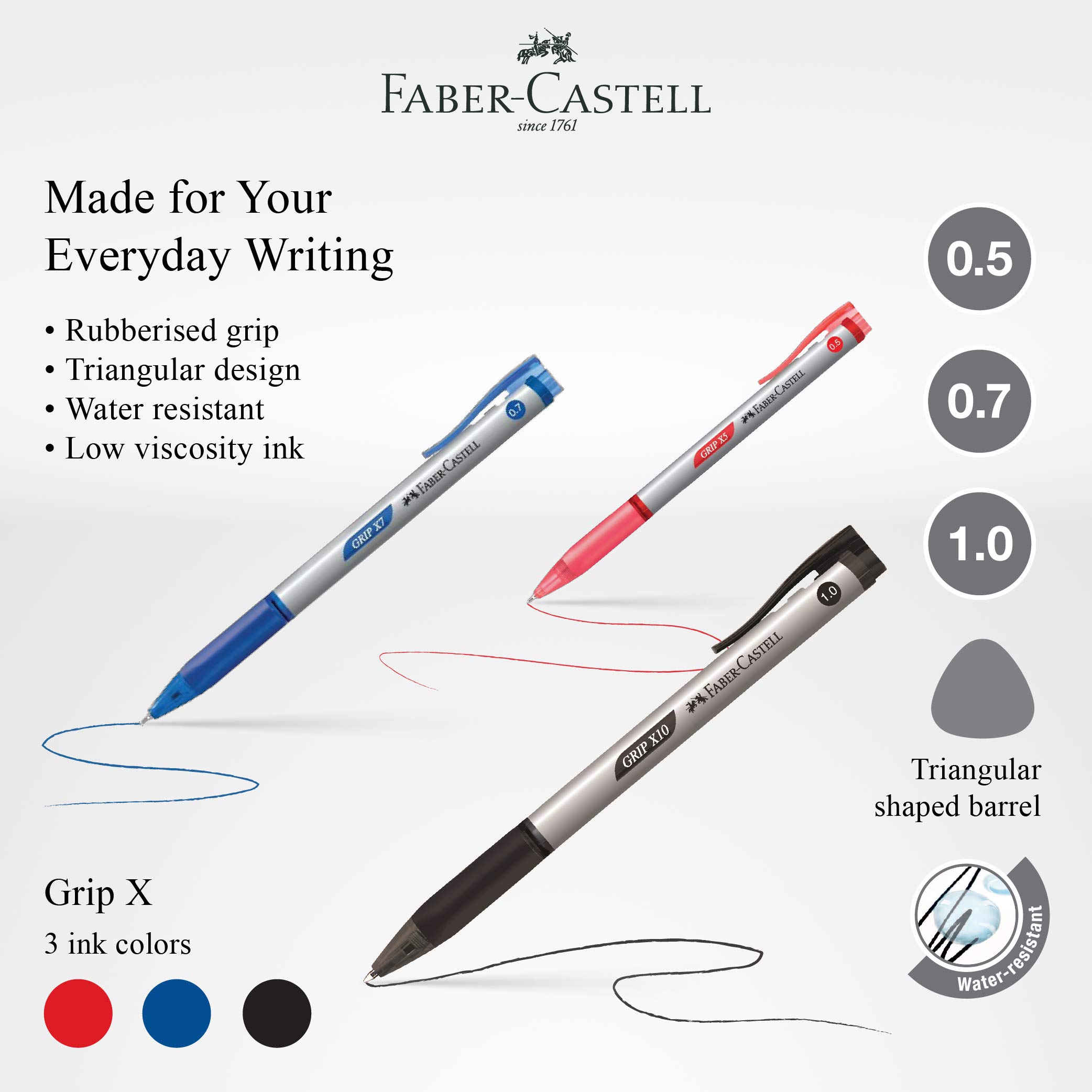 Faber-Castell Grip X Ergonomic Ballpoint Pen Tube of 40 (0.7mm, Blue) Triangular Barrel, Fatigue Free Writing, Super Smooth, Comfortable Rubberized Grip, Water Resistant, Needle Point