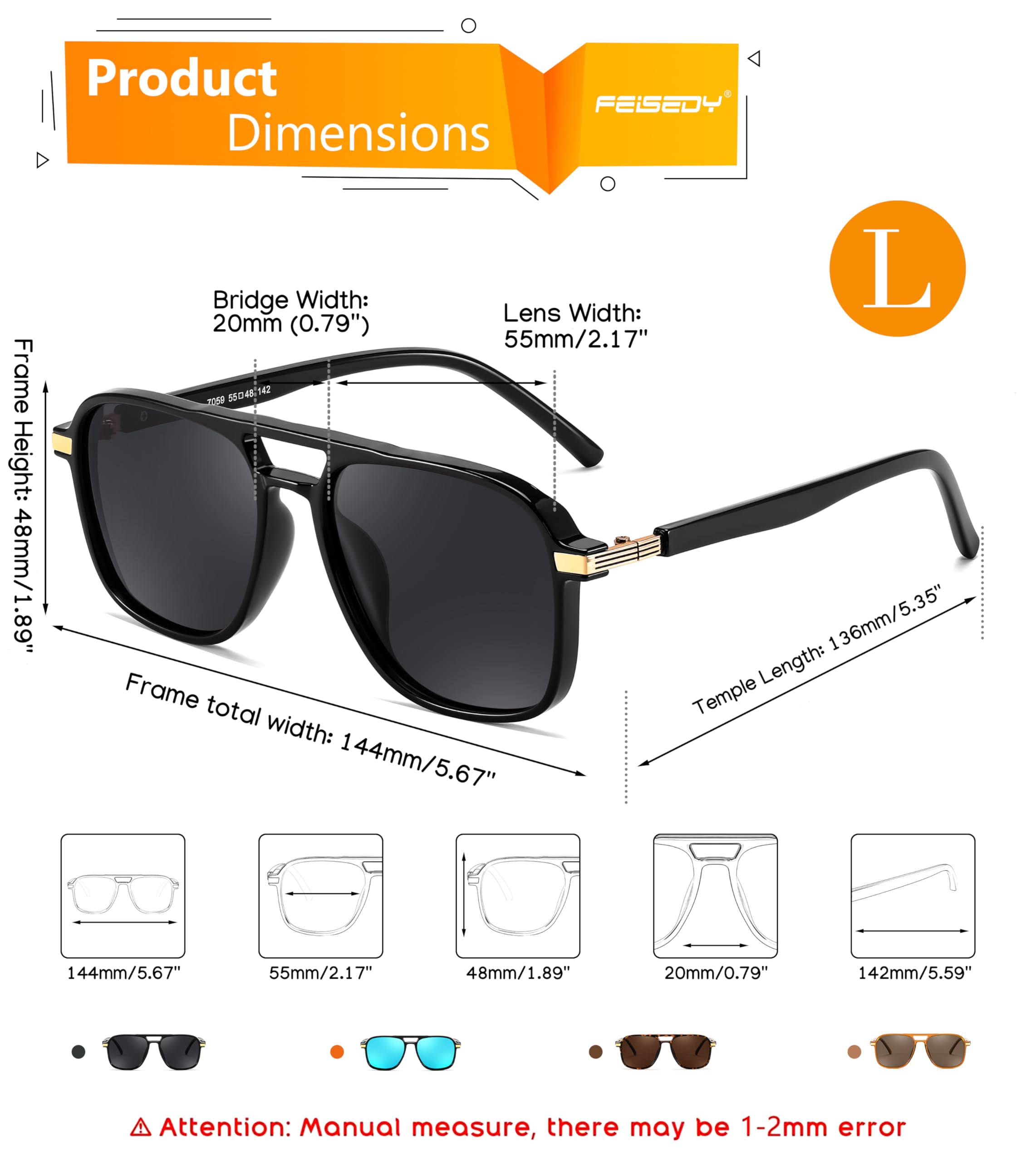 FEISEDY Retro Polarized Aviator Sunglasses Womens Men, 70s Vintage Square Aviators Shades B9134