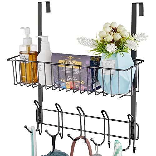 OUTNILI Over The Door Organizer Bathroom - Over Door Hanger Towel Rack with 15 Hooks & 1 Basket - Black Rustproof & Waterproof Stainless Steel Door Organizer for Bathroom Kitchen Bedroom Accessories