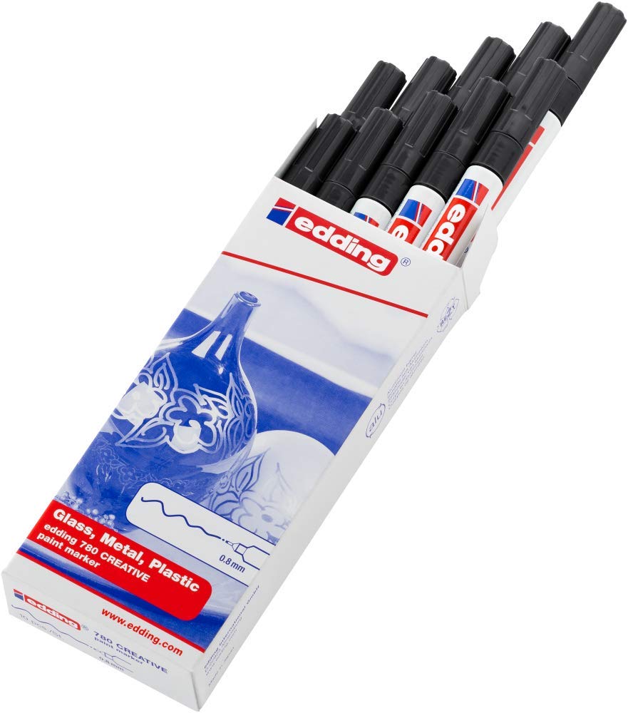 Edding 780 gloss paint marker - black - 10 paint markers - extra-fine round tip 0.8 mm - paint pen for glass, pebbles, wood, plastic, paper - waterproof, high coverage