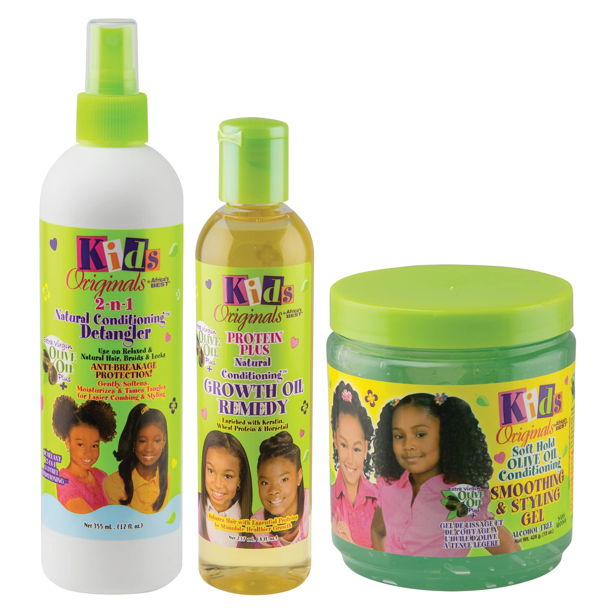 Kids Originals by Africaās Best No More Knots! Hair Care Bundle ā Detangler, Growth Oil, and Olive Oil Styling Gel for Hydration & Easy Styling (12 oz, 8 oz, 15 oz)