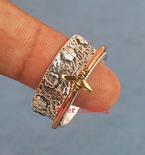 Honey Bee Spinner 925 Sterling Silver Meditation Ring Beautiful Flower Design Handmade Vintage Silver Spinner Ring (12.5)