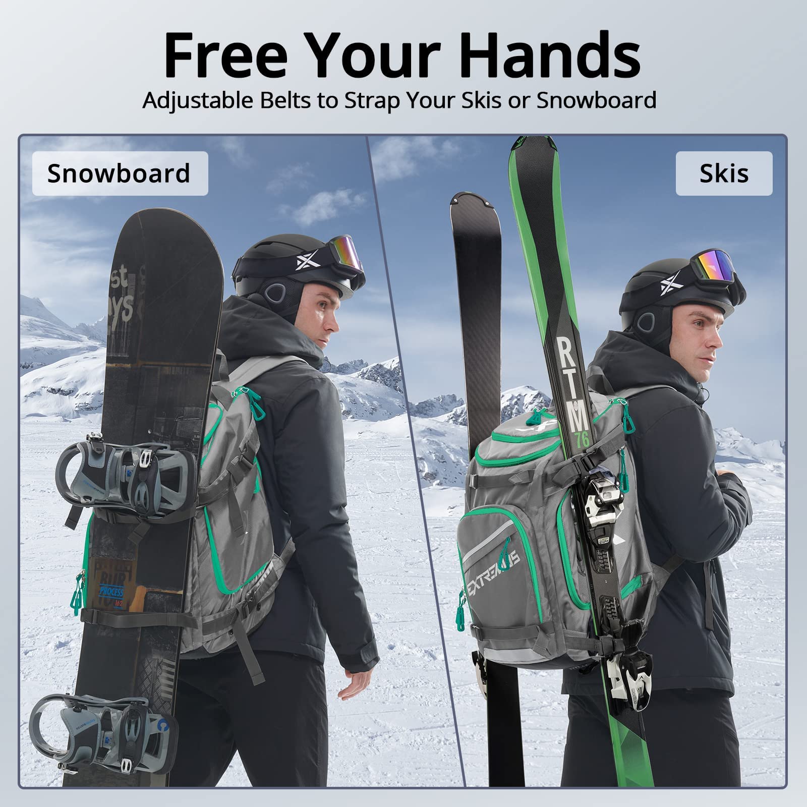 Extremus Ski Boot Bag, 70L Waterproof Snowboard Backpack,Large Capacity Ski Travel Bag Luggage for Ski Boots, Ski Helmet, Goggles, Gloves, Apparel & Skiing Gear Accessories