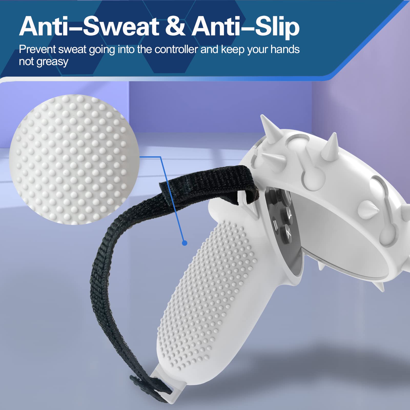 IWOWNFIT Touch Controller Grip Cover for Meta/Oculus Quest 2 Accessories, Silicone Protector with Anti-Throw Handle Protective Sleeve Adjustable Wrist Knuckle Straps Cone Spikes (White)