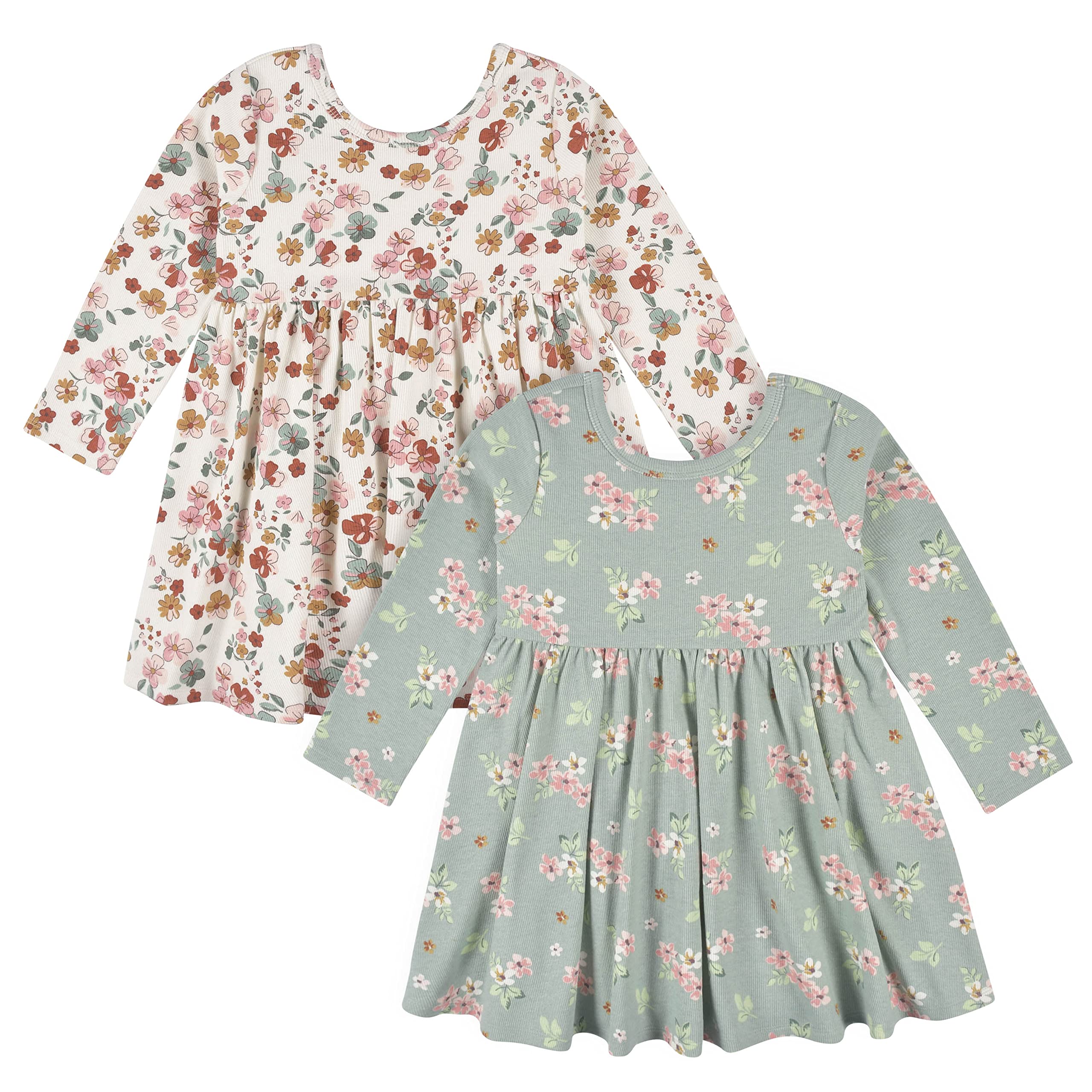 Gerber Baby Girls' Toddler 2-Pack Long Sleeve Dresses, Vanilla & Green Floral, 2T