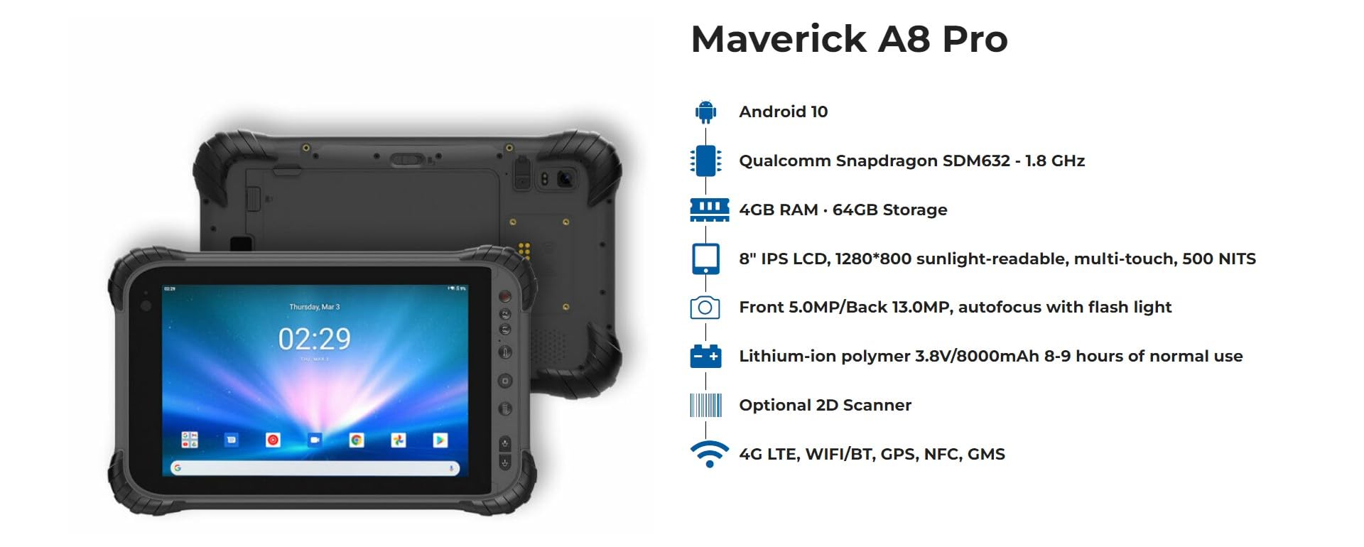 Minno Maverick 8" Rugged Android 10 Tablet | 4GB/64GB | LTE (Unlocked for Several Carriers) | 2D Scanner (A08M08- Maverick A8 Pro+2D Scanner)