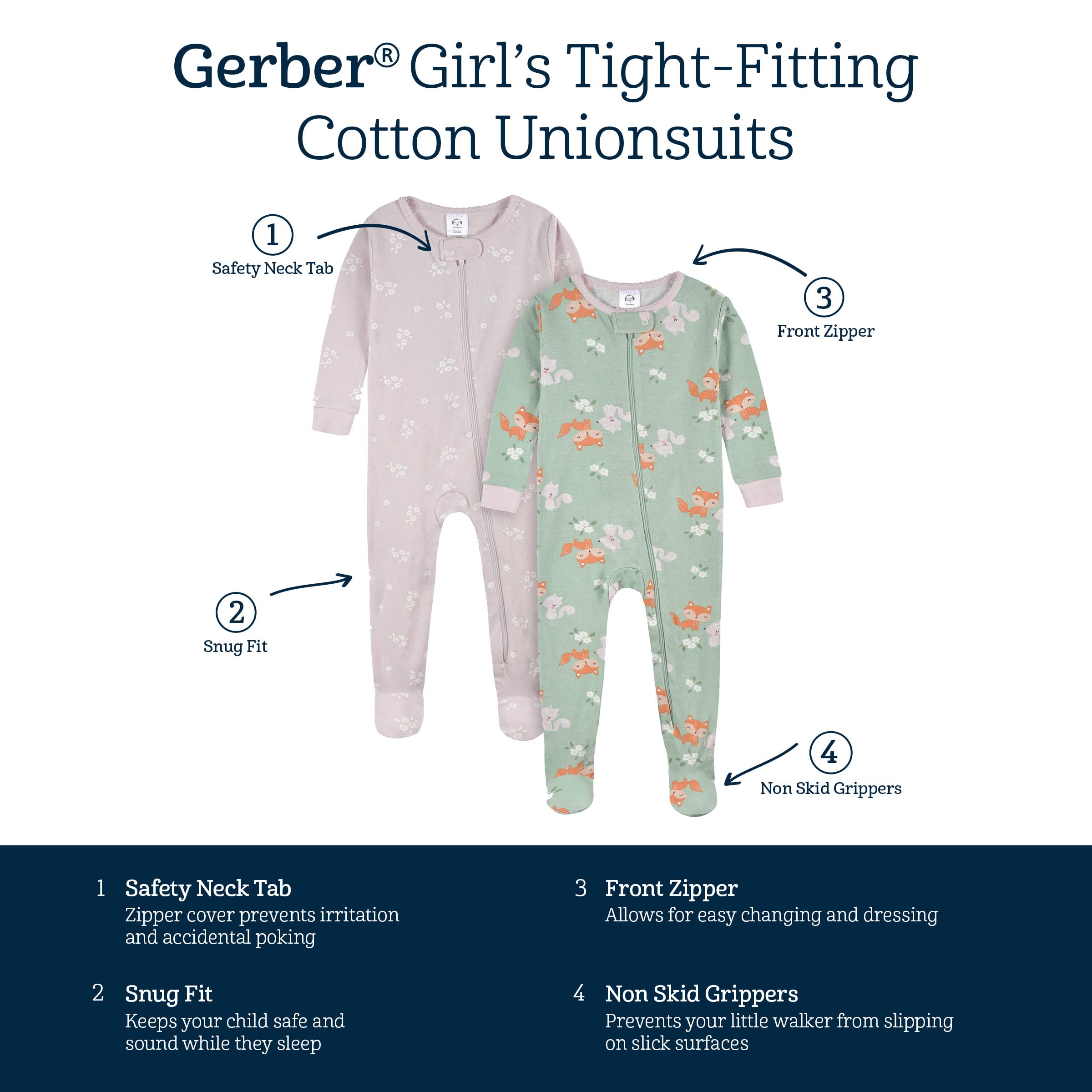Gerber Baby Girl's 4-Pack Footed Pajamas, Roses and Fox, 2T