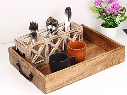 Wooden Decorative Serving Tray with Metal Handles | Wood Trays for Breakfast in Bed, Lunch, Dinner, Appetizers, Patio, Ottoman, Coffee Table, Party (15" X 11" x 2.75")