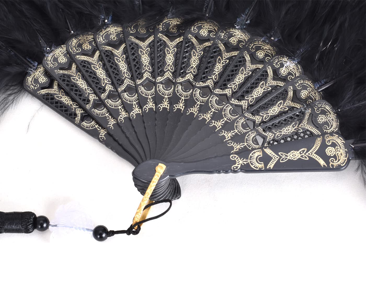 HONSHEN 2 Pack Embroidered Flower Marabou Feather Fan1920s Vintage Style Flapper Hand Fan for Costume Party Dancing (Feather Fan lace 2p Black)