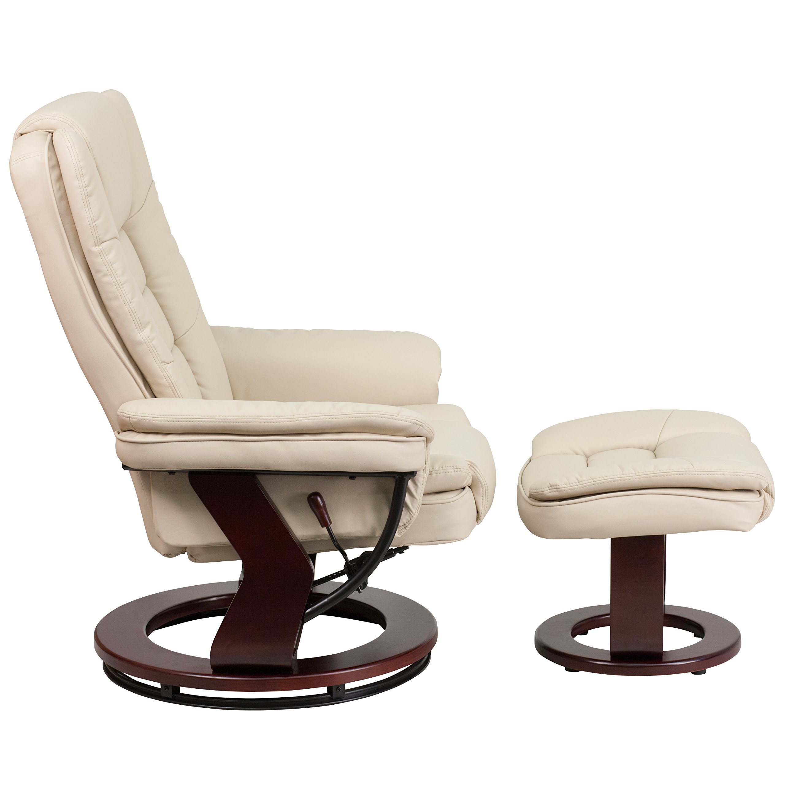 EMMA + OLIVER Multi-Position Stitched Recliner & Ottoman with Swivel Base in Beige LeatherSoft