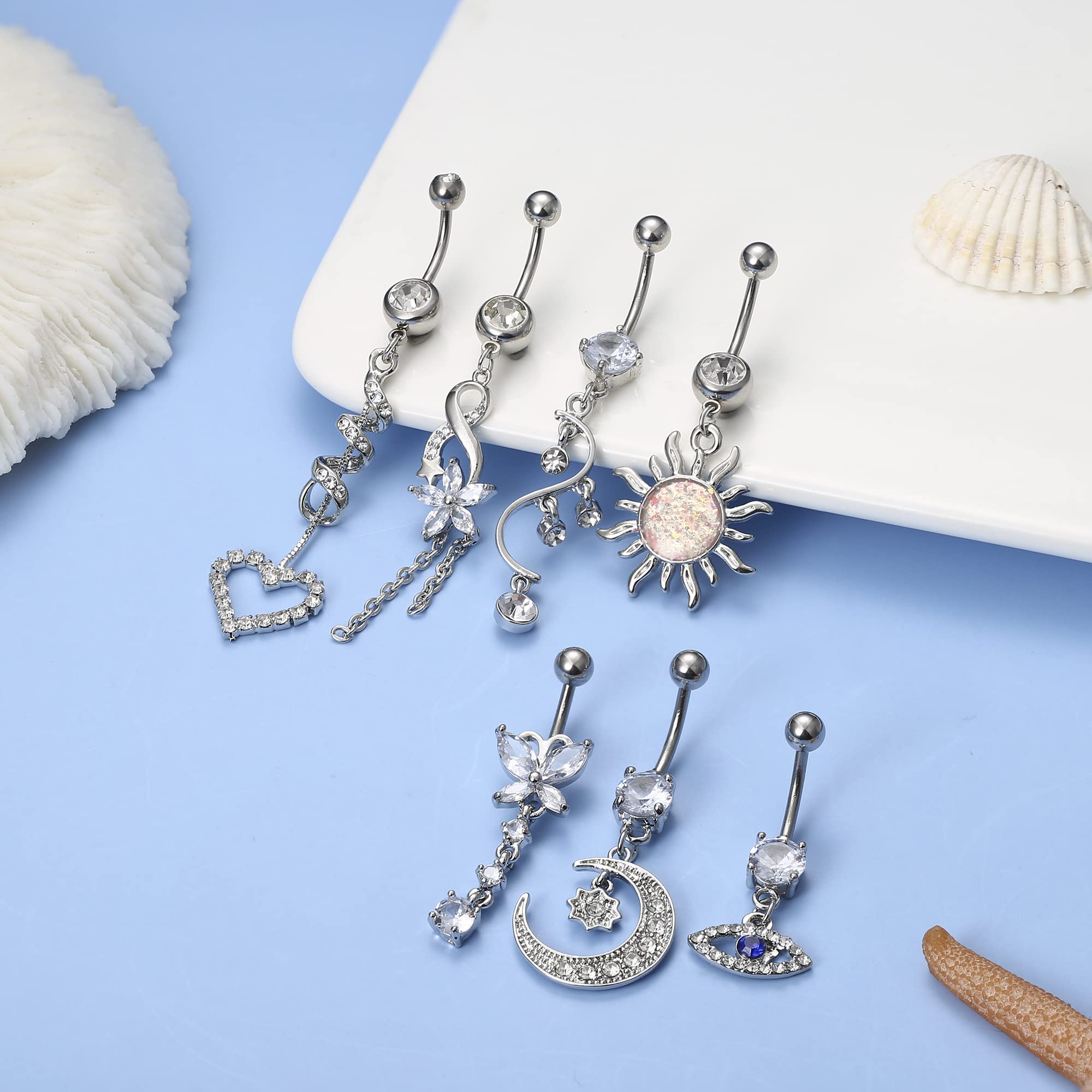 Fansilver 7Pcs 14G Belly Button Rings Dangle 316L Surgical Steel CZ Navel Ring Barbell for Women Butterfly Heart Evil Eye Belly Button Rings Pack
